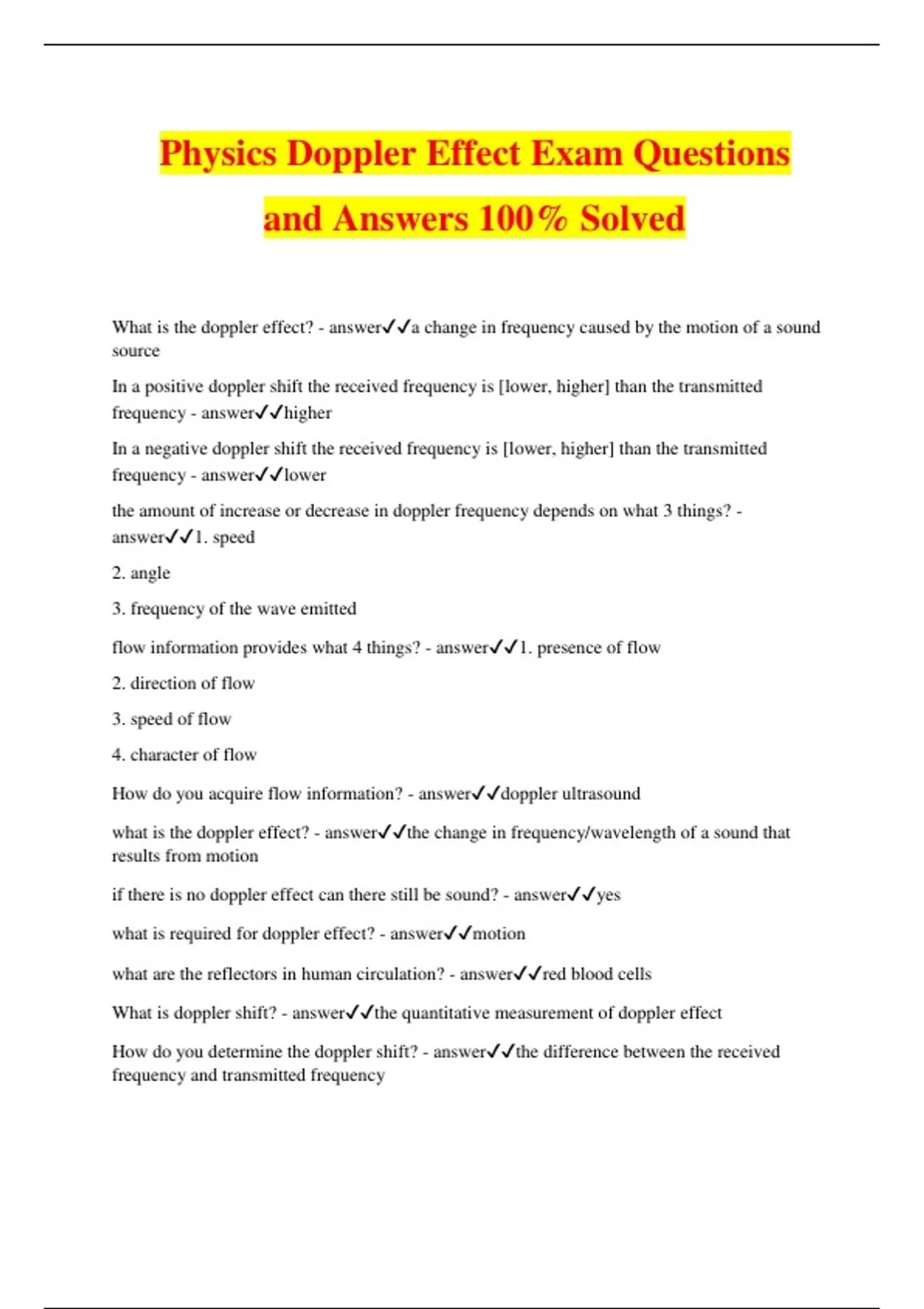 Physics Doppler Effect Exam Questions and Answers 100% Solved - Physics ...