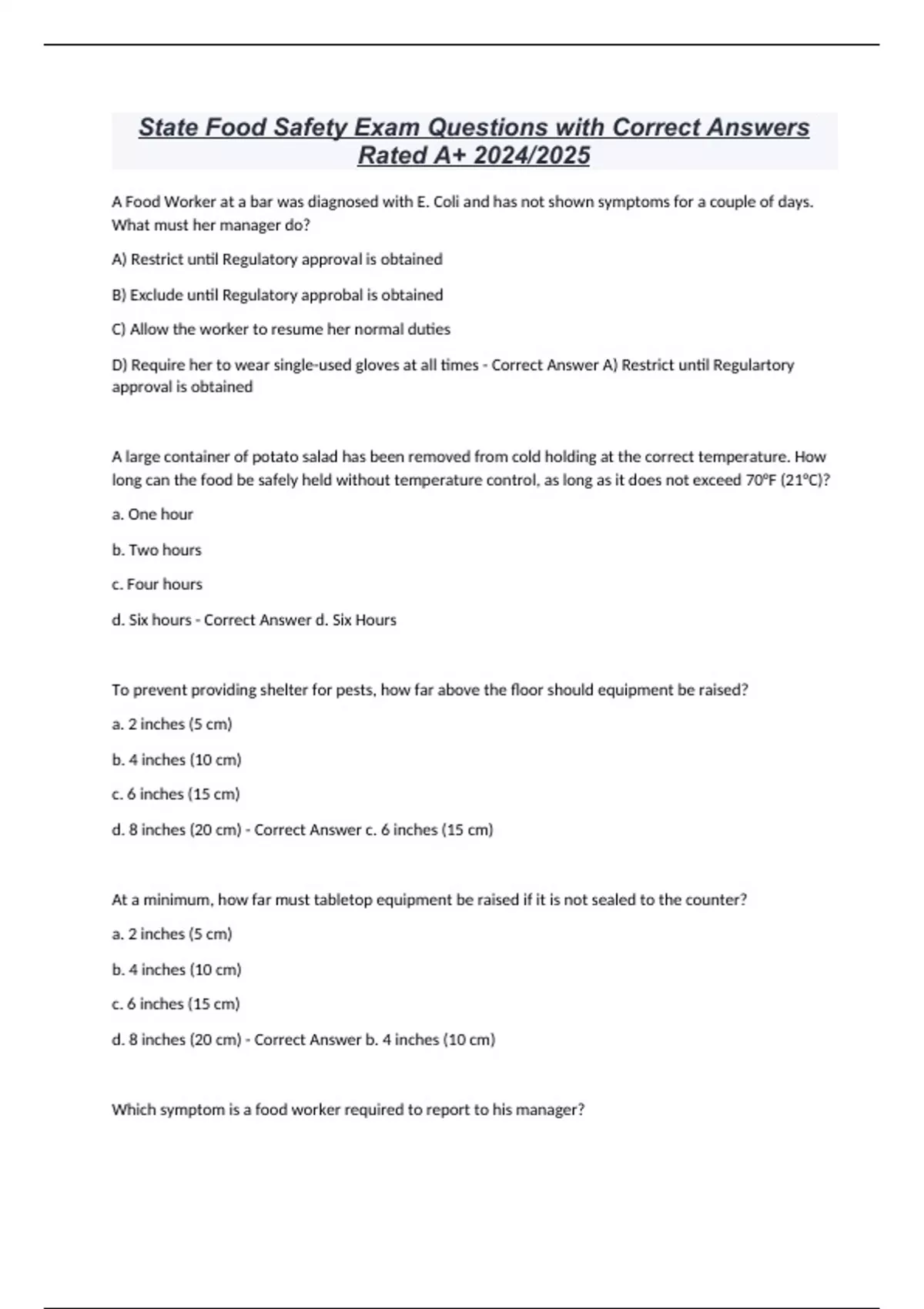 State Food Safety Exam Questions with Correct Answers Rated A+ 2024/ ...