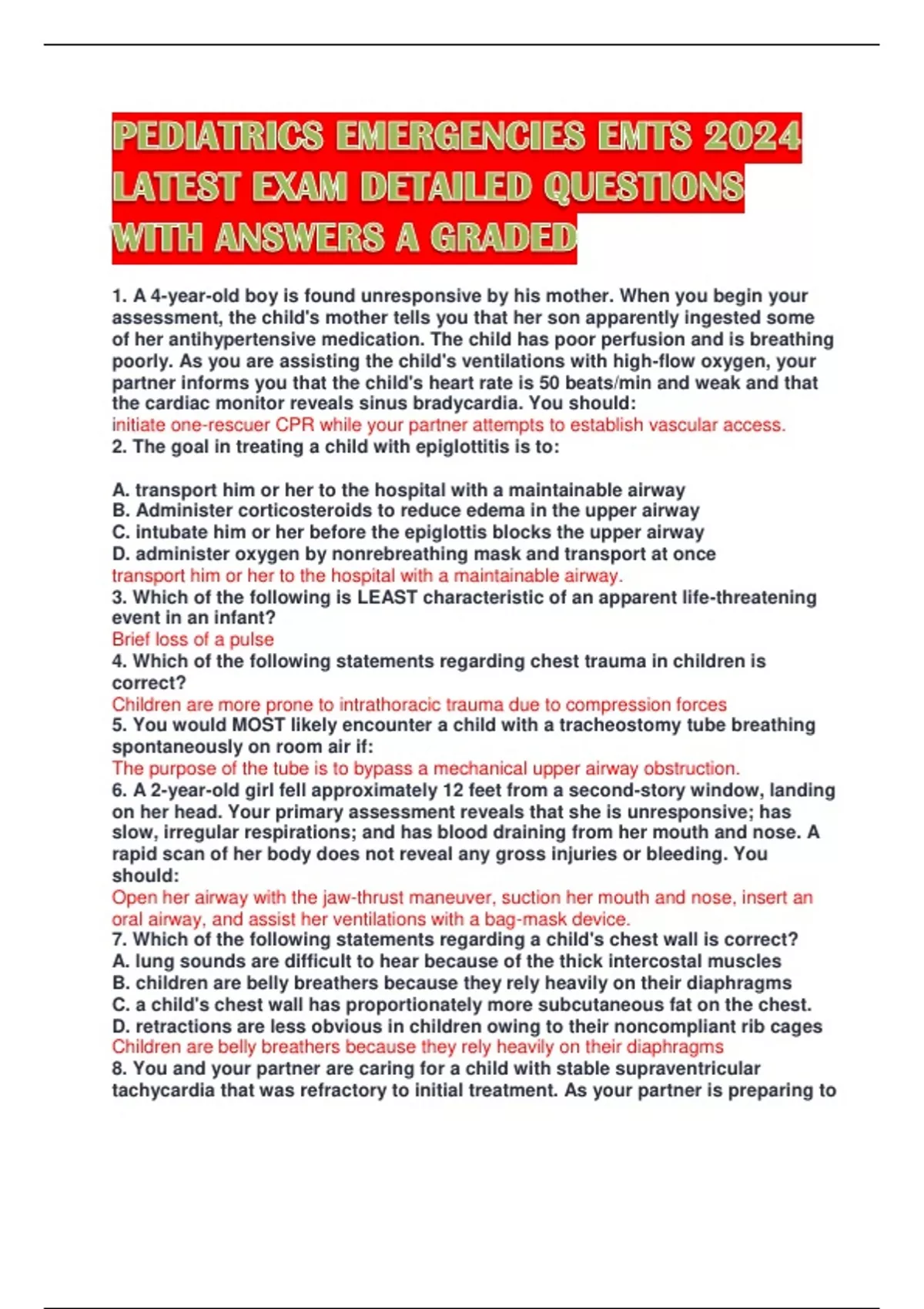 PEDIATRICS EMERGENCIES EMTS 2024 LATEST EXAM DETAILED QUESTIONS WITH ...