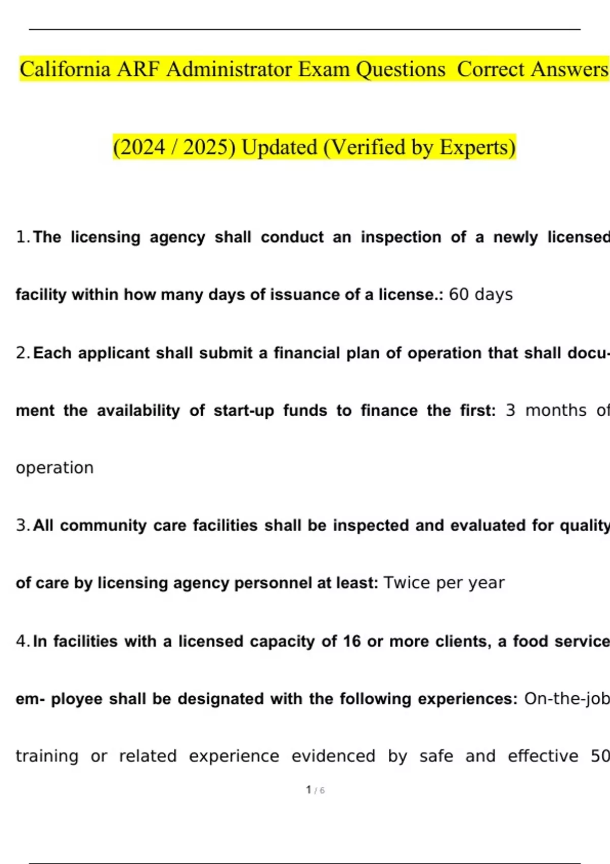 California ARF Administrator Exam Questions and Answers (2024 / 2025 ...