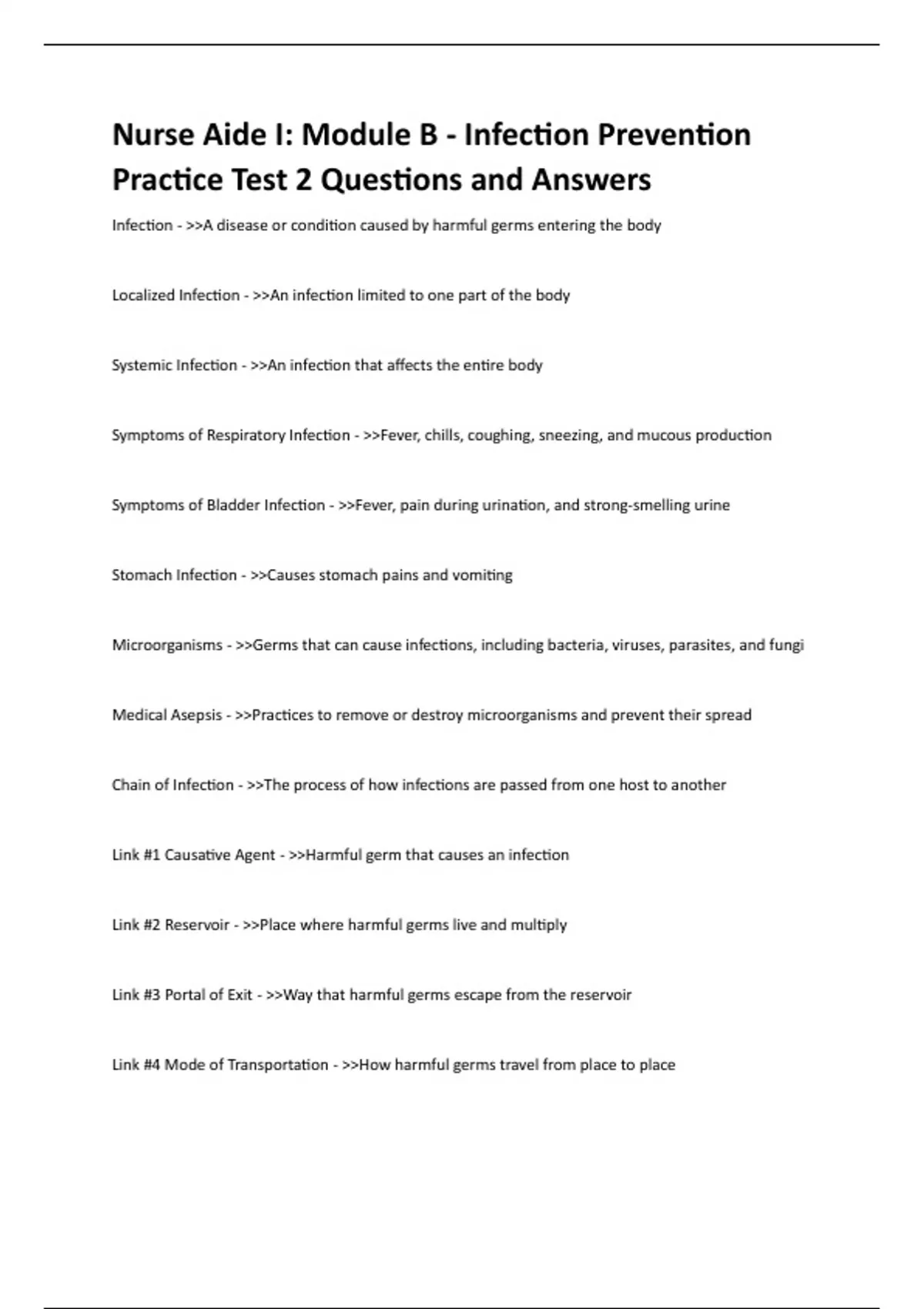 Summary Nurse Aide I: Module B - Infection Prevention Practice Test 2 ...