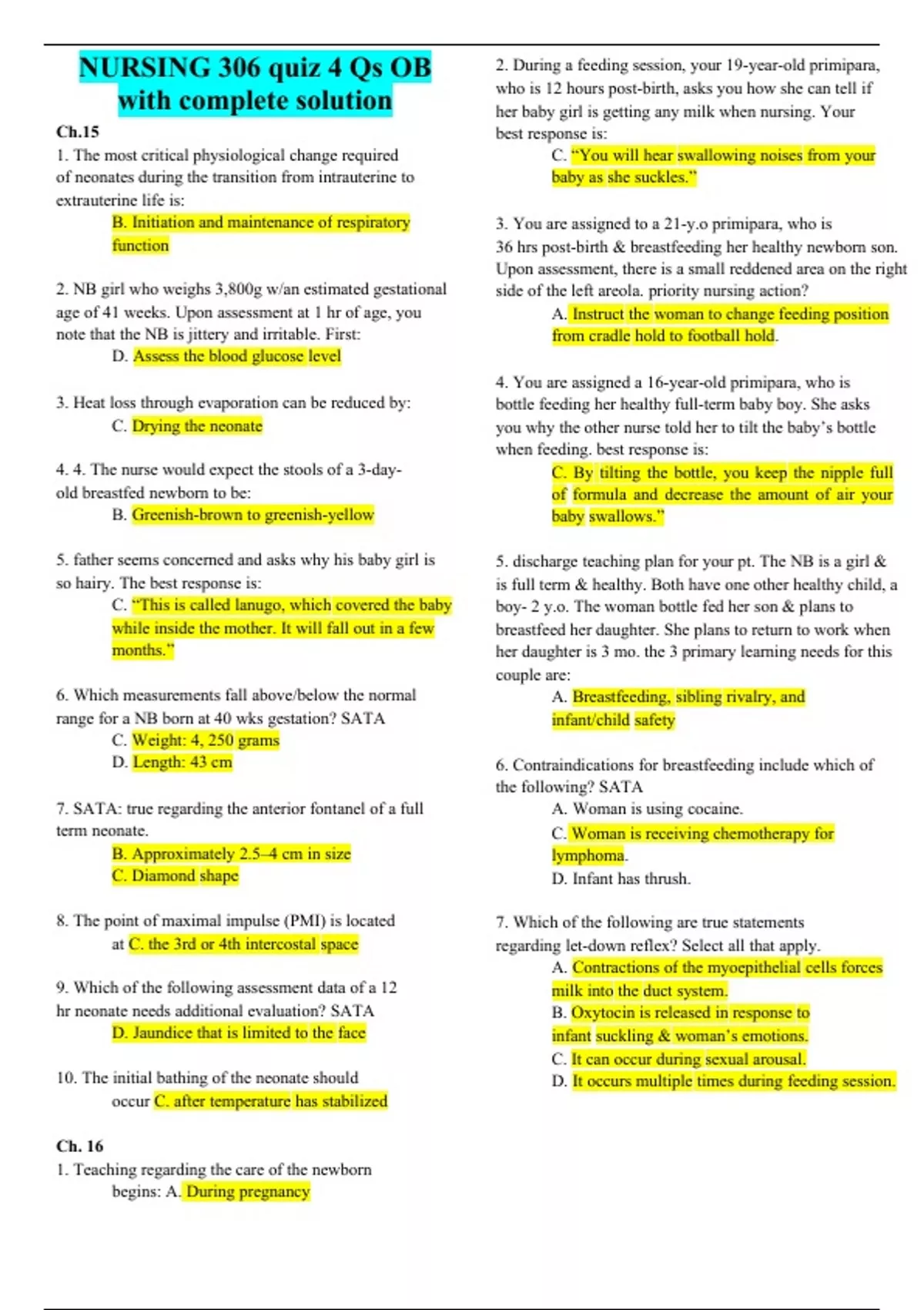 NURSING 306 quiz 4 Qs OB with complete solution - NURSING 306 - Stuvia US