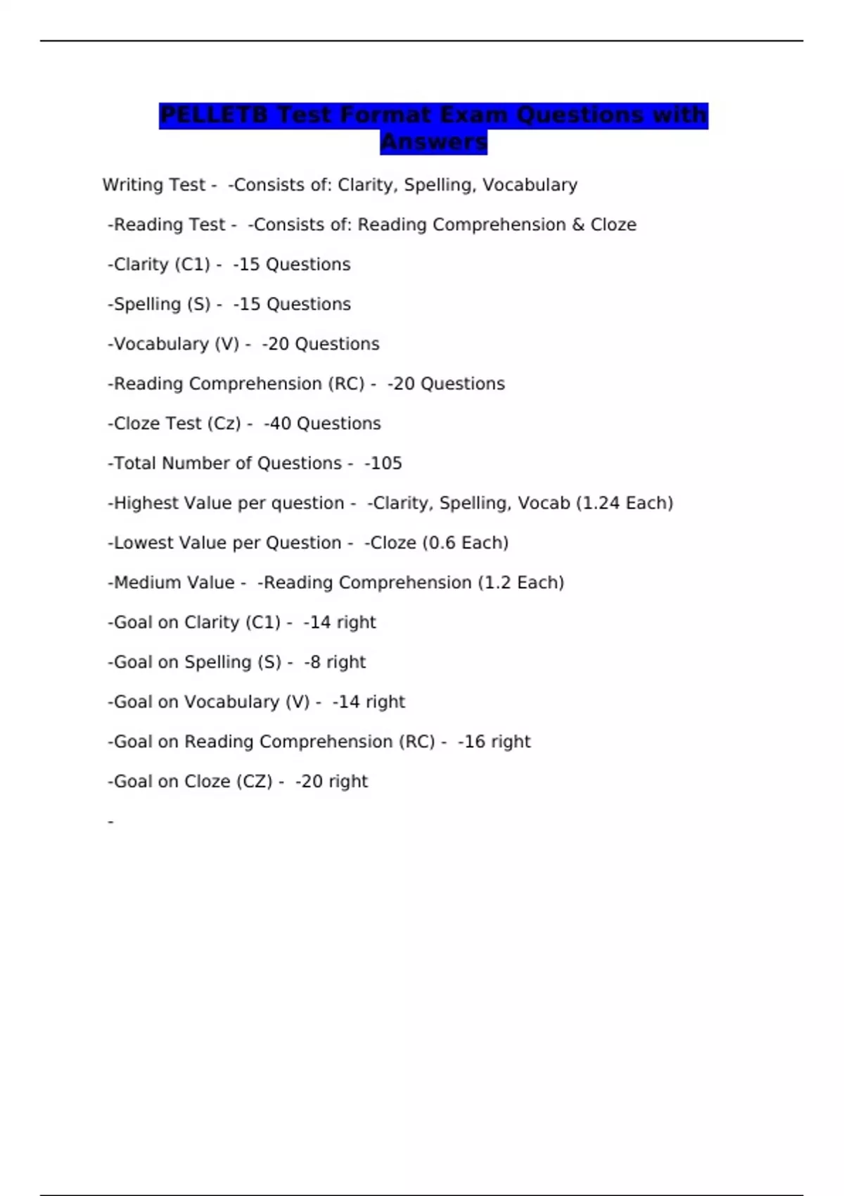 PELLETB Test Format Exam Questions with Answers - PELLETB - Stuvia US