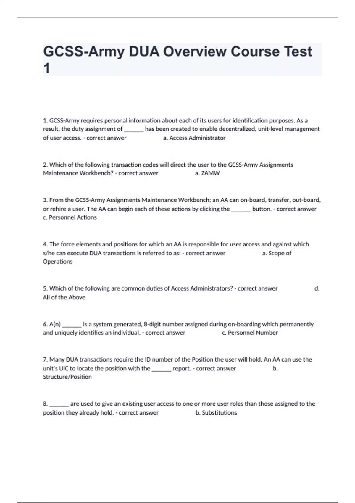 GCSS-Army DUA Overview Course Test 1 Practice Question Exam 2024 ...