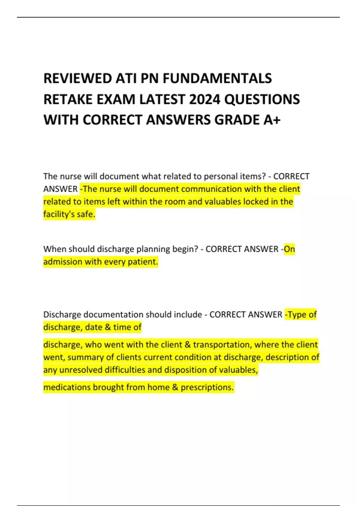 REVIEWED ATI PN FUNDAMENTALS RETAKE EXAM LATEST 2024 QUESTIONS WITH ...