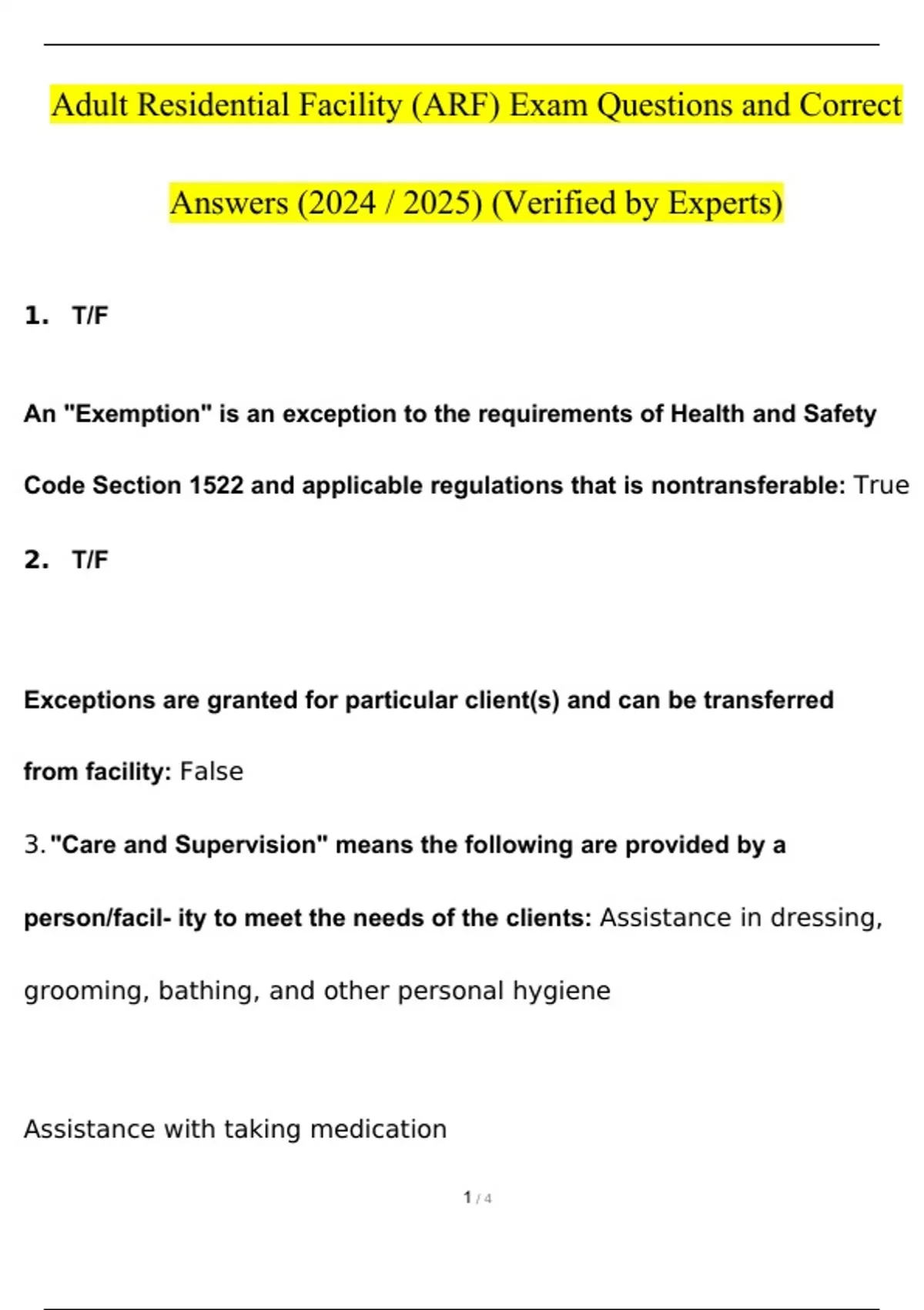 Adult Residential Facility (ARF) Exam Questions and Answers (2024 / 2025) (Verified Answers ...