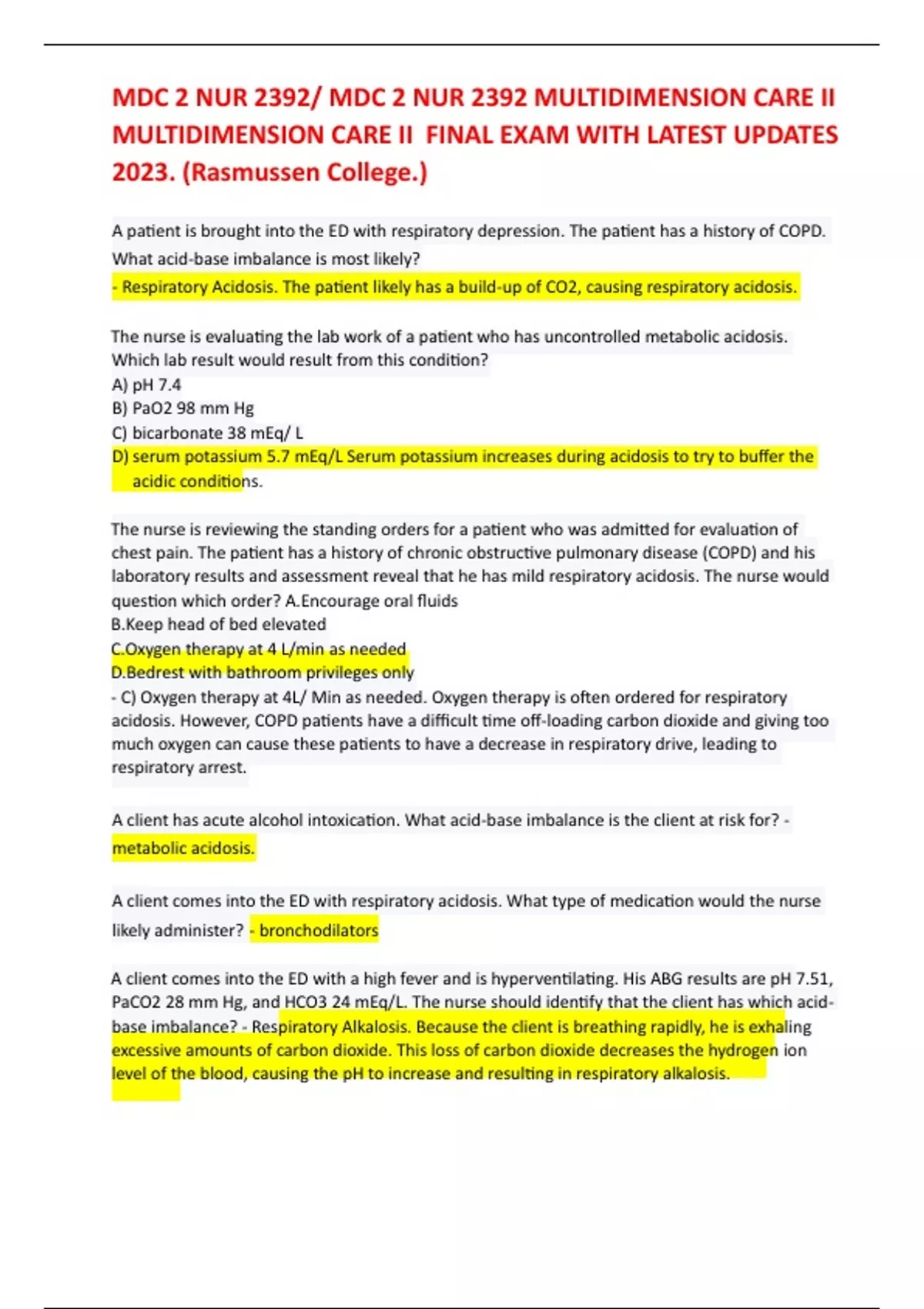 MDC 2 NUR 2392/ MDC 2 NUR 2392 MULTIDIMENSION CARE II MULTIDIMENSION CARE II FINAL EXAM WITH ...