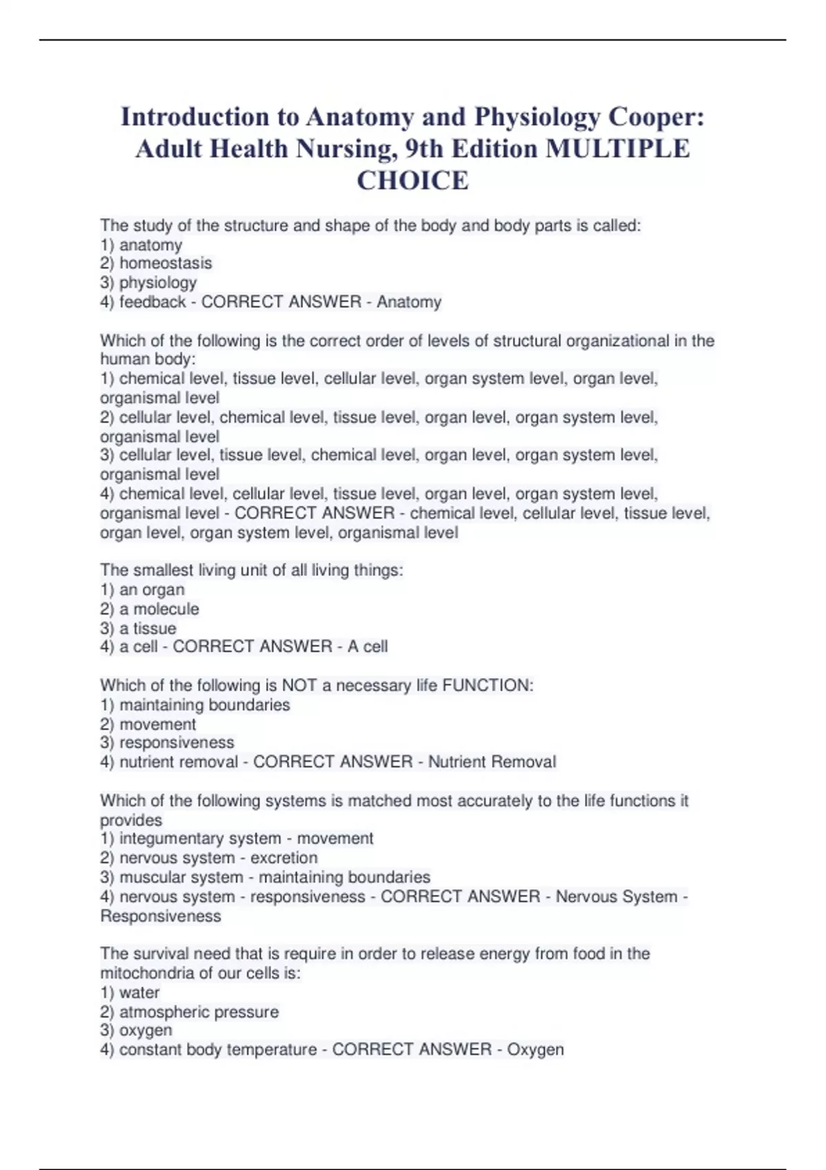 Introduction to Anatomy and Physiology Cooper: Adult Health Nursing, 9th Edition MULTIPLE CHOICE ...