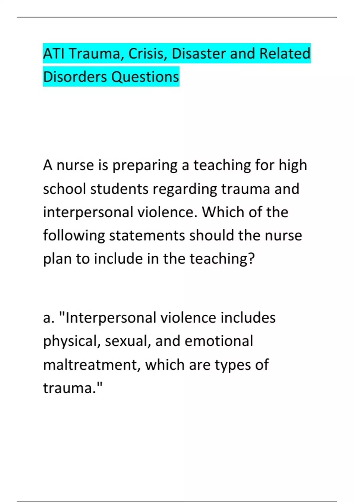 ATI Trauma, Crisis, Disaster and Related Disorders Questions - ATI ...