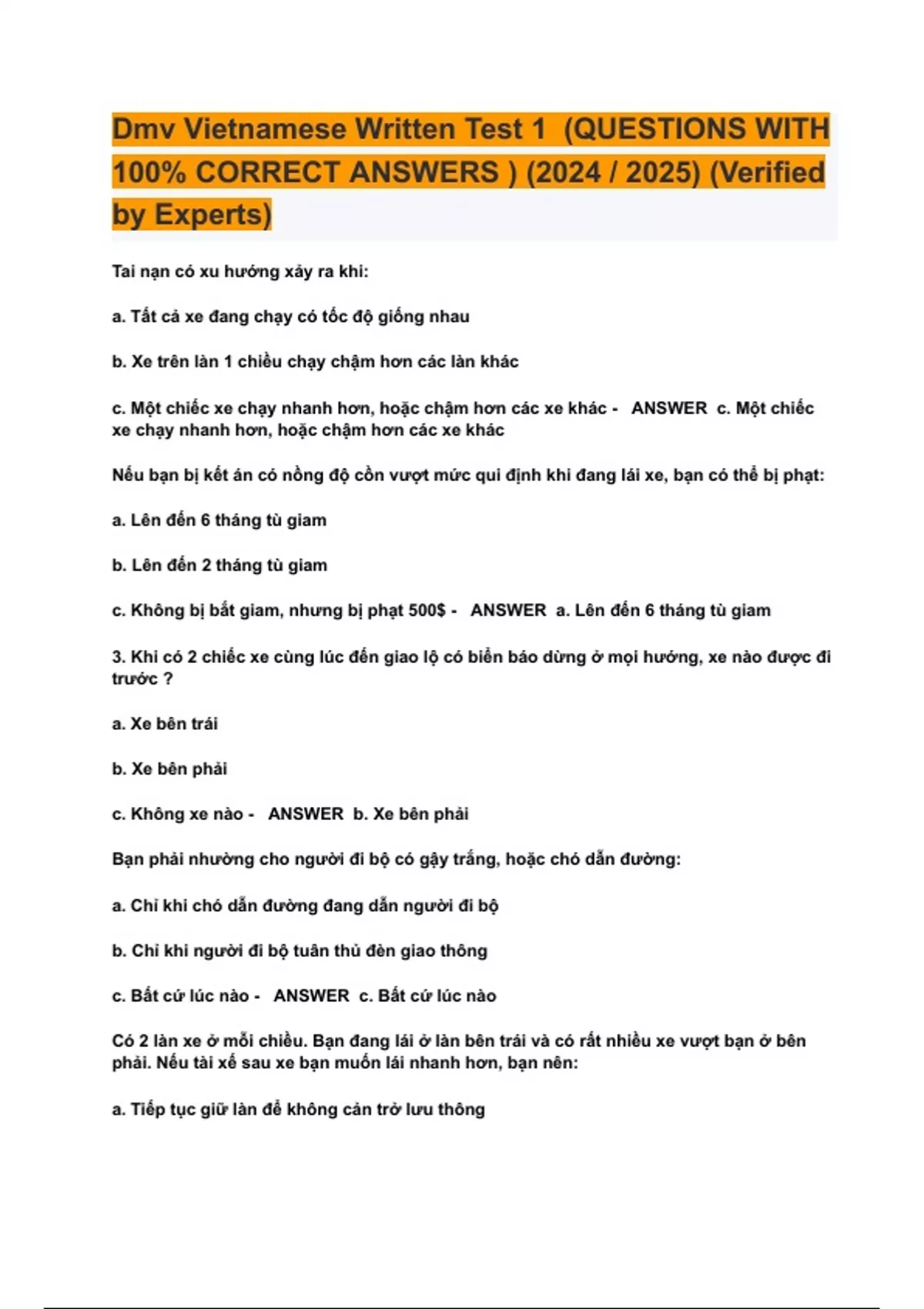 Dmv Vietnamese Written Test 1 (QUESTIONS WITH 100% CORRECT ANSWERS ...