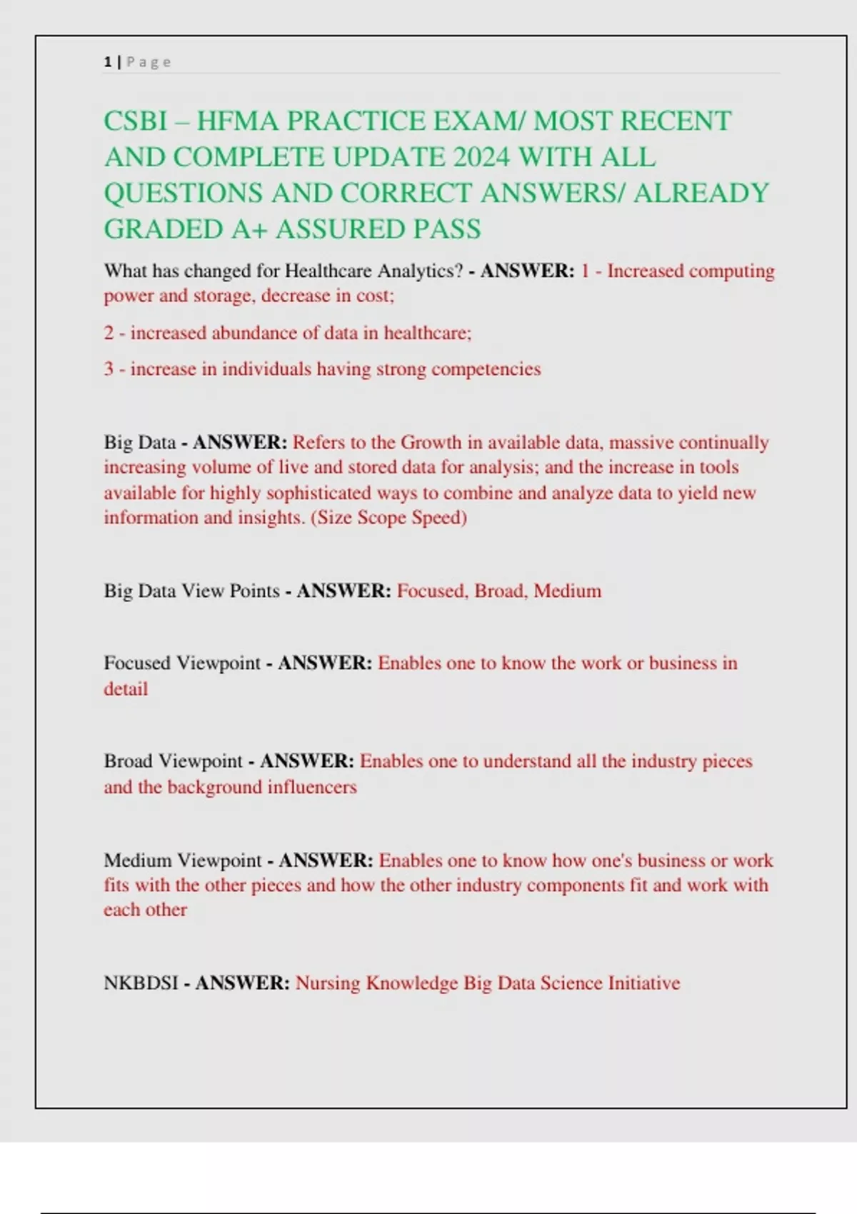 CSBI – HFMA PRACTICE EXAM/ MOST RECENT AND COMPLETE UPDATE 2024 WITH ALL QUESTIONS AND CORRECT ...