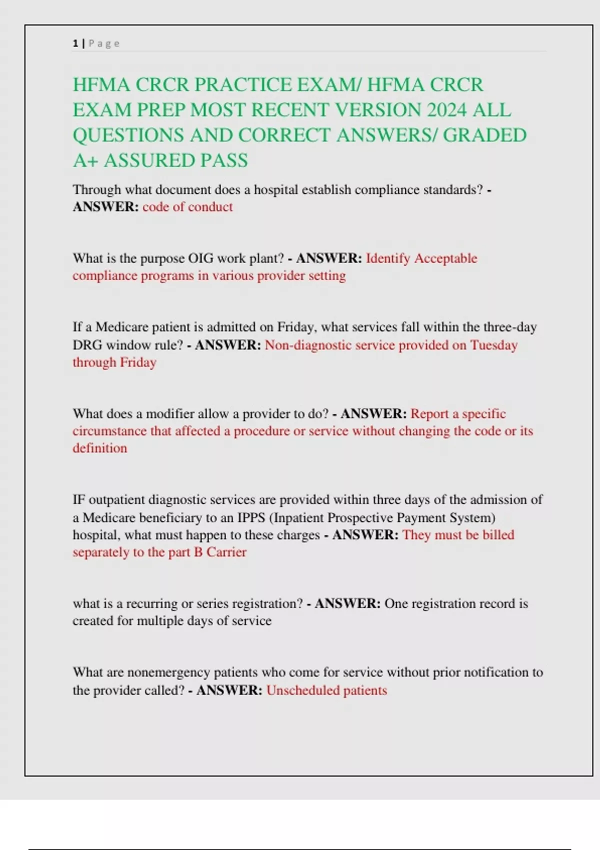 HFMA CRCR PRACTICE EXAM/ HFMA CRCR EXAM PREP MOST RECENT VERSION 2024 ...