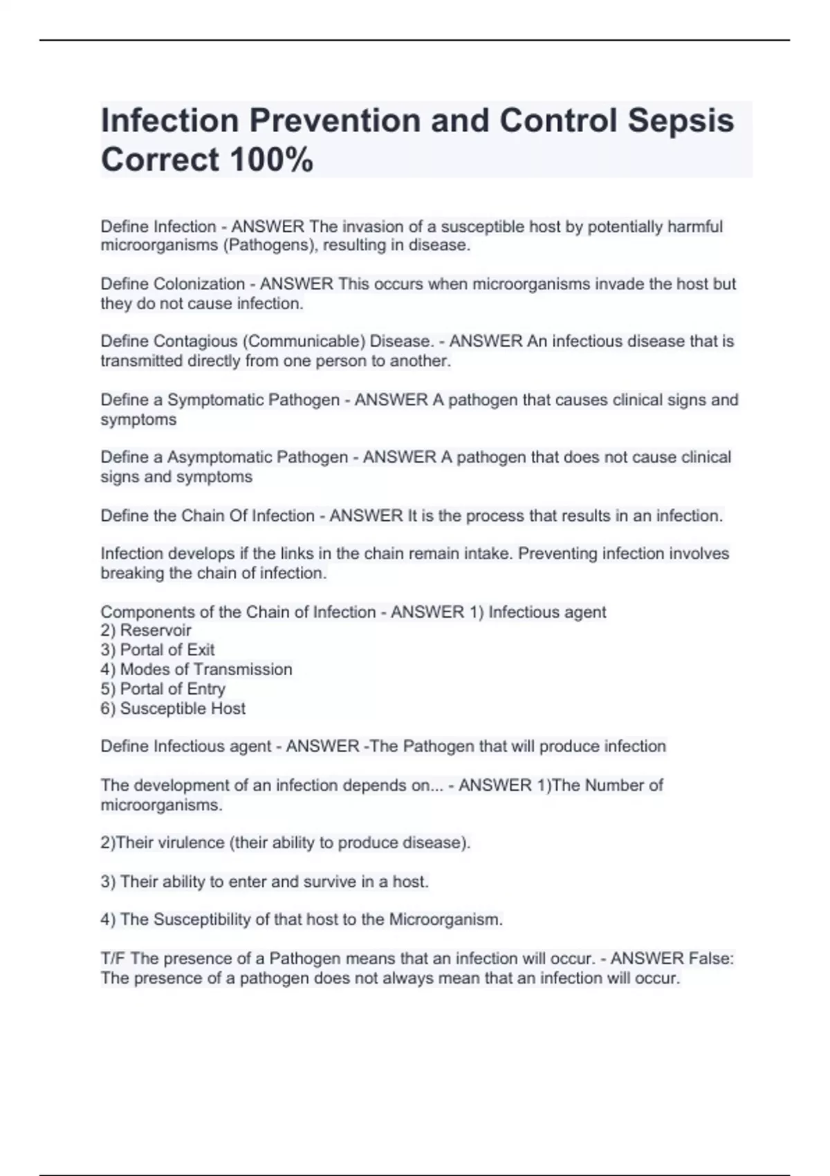 Infection Prevention and Control Sepsis Correct 100% - NYS INFECTION ...