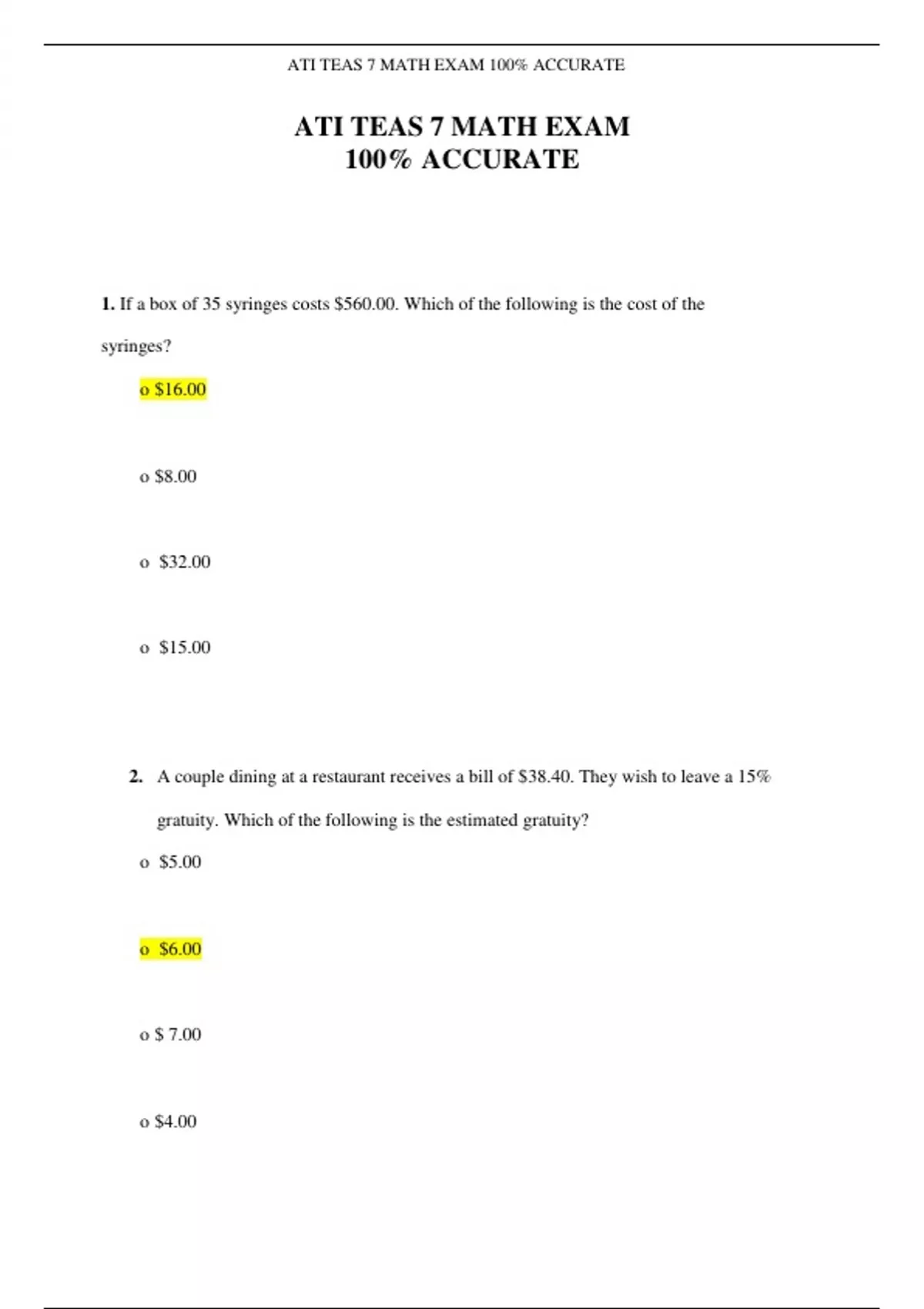 ATI TEAS 7 MATH EXAM 100% ACCURATE - ATI TEAS 7 MATH - Stuvia US
