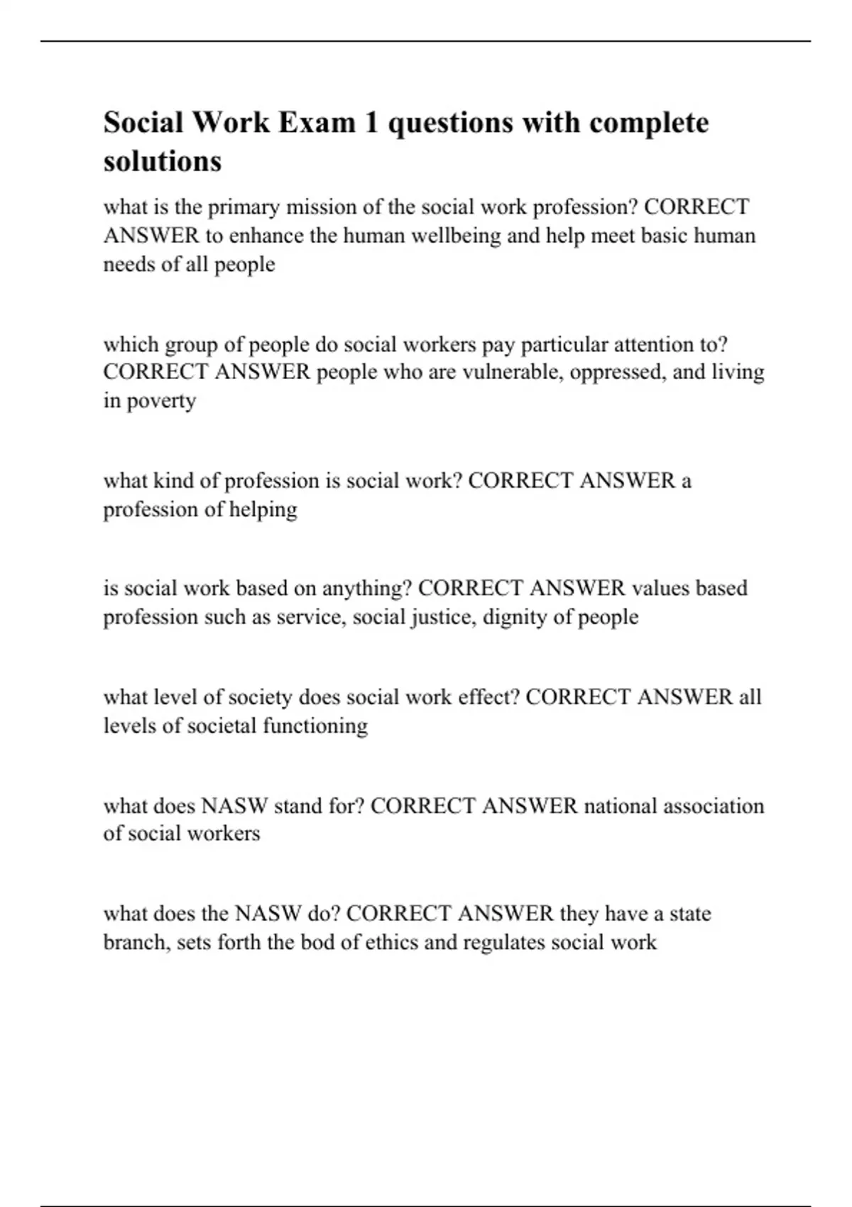 Social Work Exam 1 questions with complete solutions. - Social Work ...