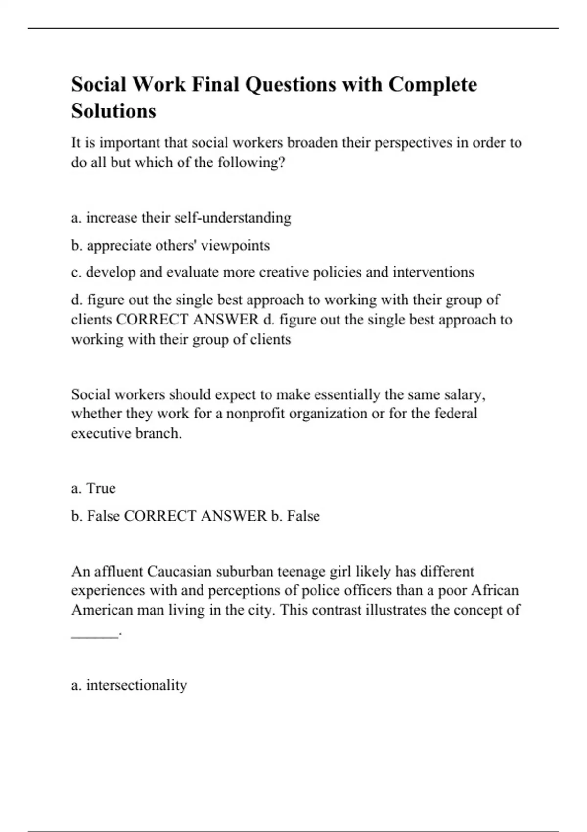 Social Work Final Questions with Complete Solutions - Social Work ...
