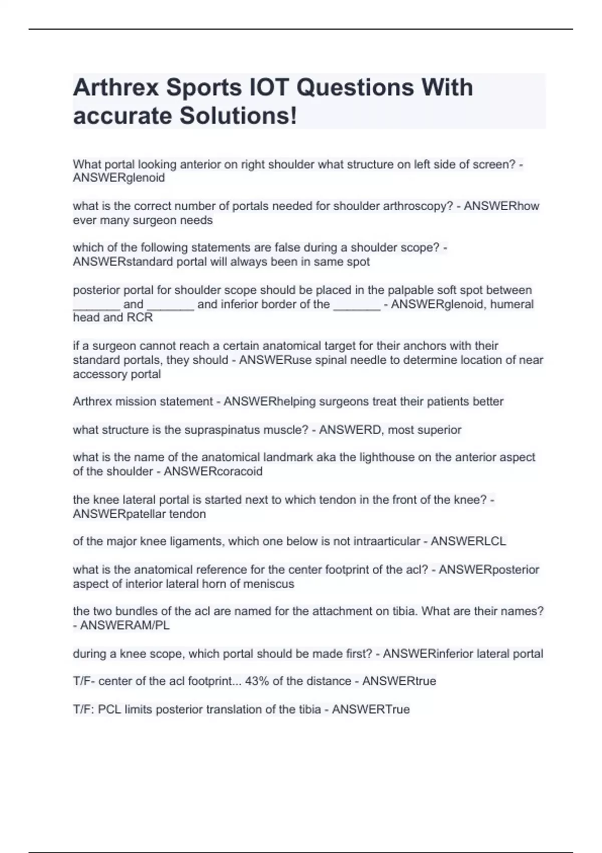 Arthrex Sports IOT Questions With accurate Solutions! - Arthrex Sports ...