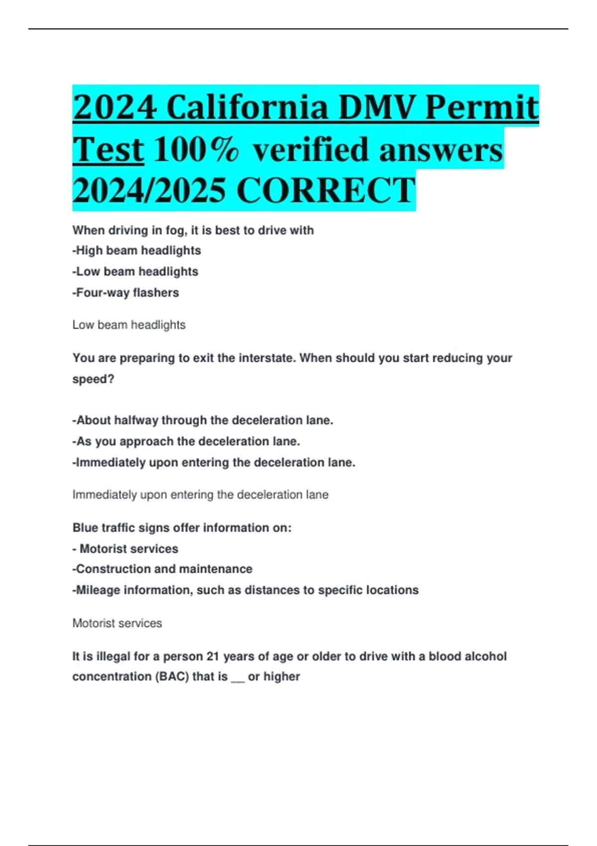 BEST ANSWERS 2024 California DMV Permit Test 100% verified answers 2024 ...