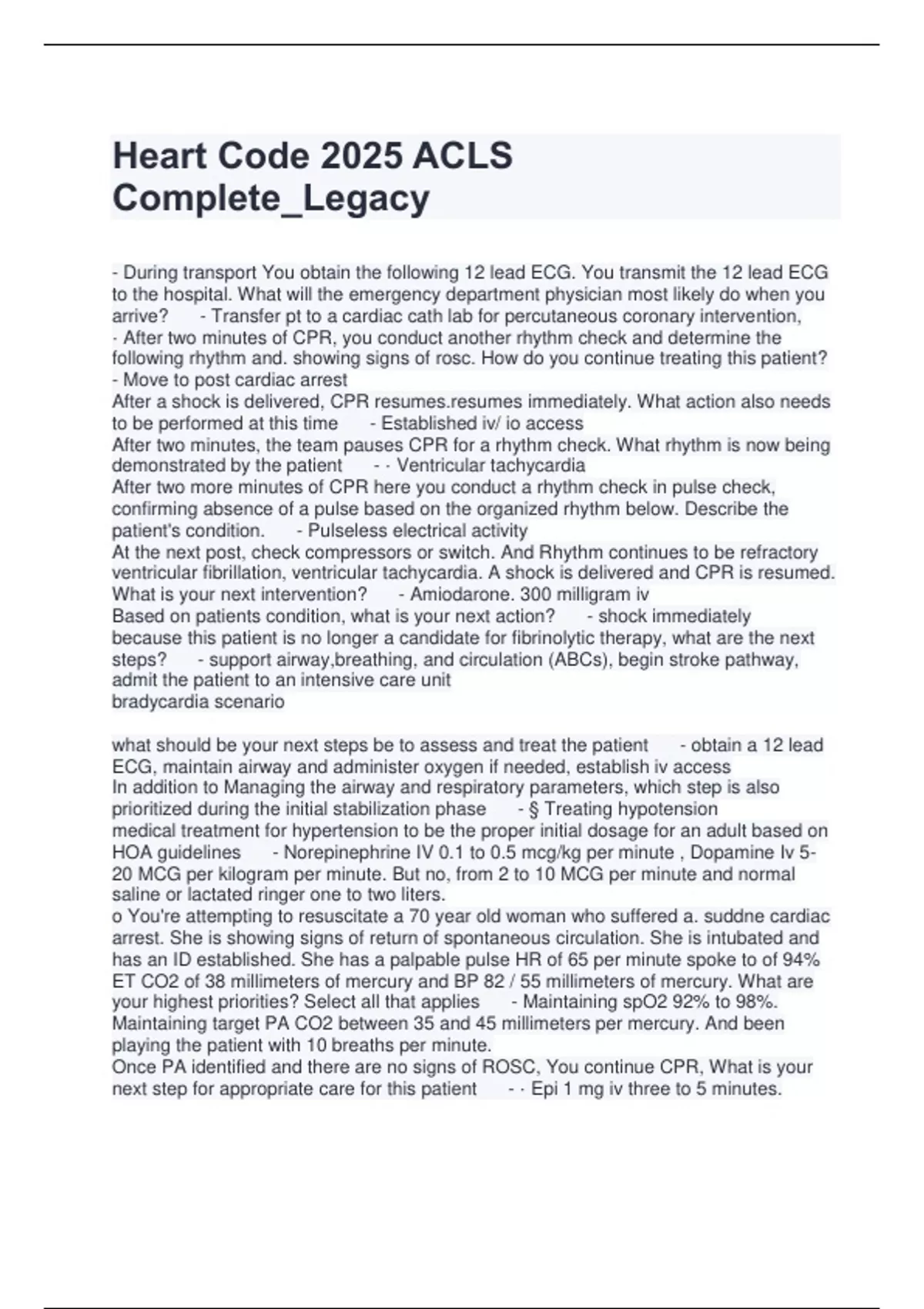 Heart Code 2025 ACLS Complete_Legacy - Heart Code 2025 ACLS - Stuvia US