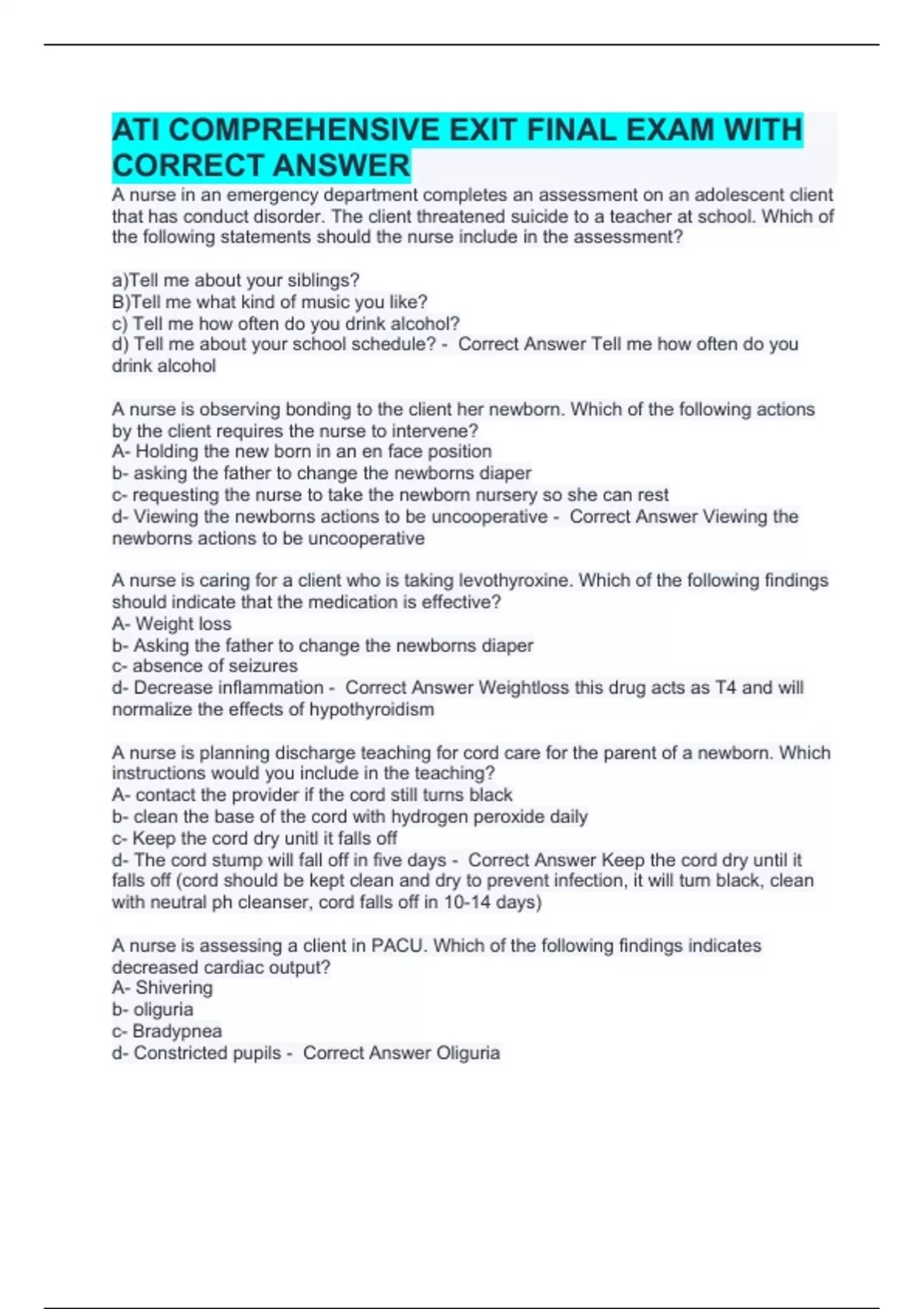 ATI COMPREHENSIVE EXIT FINAL EXAM WITH CORRECT ANSWER - ATI Course ...