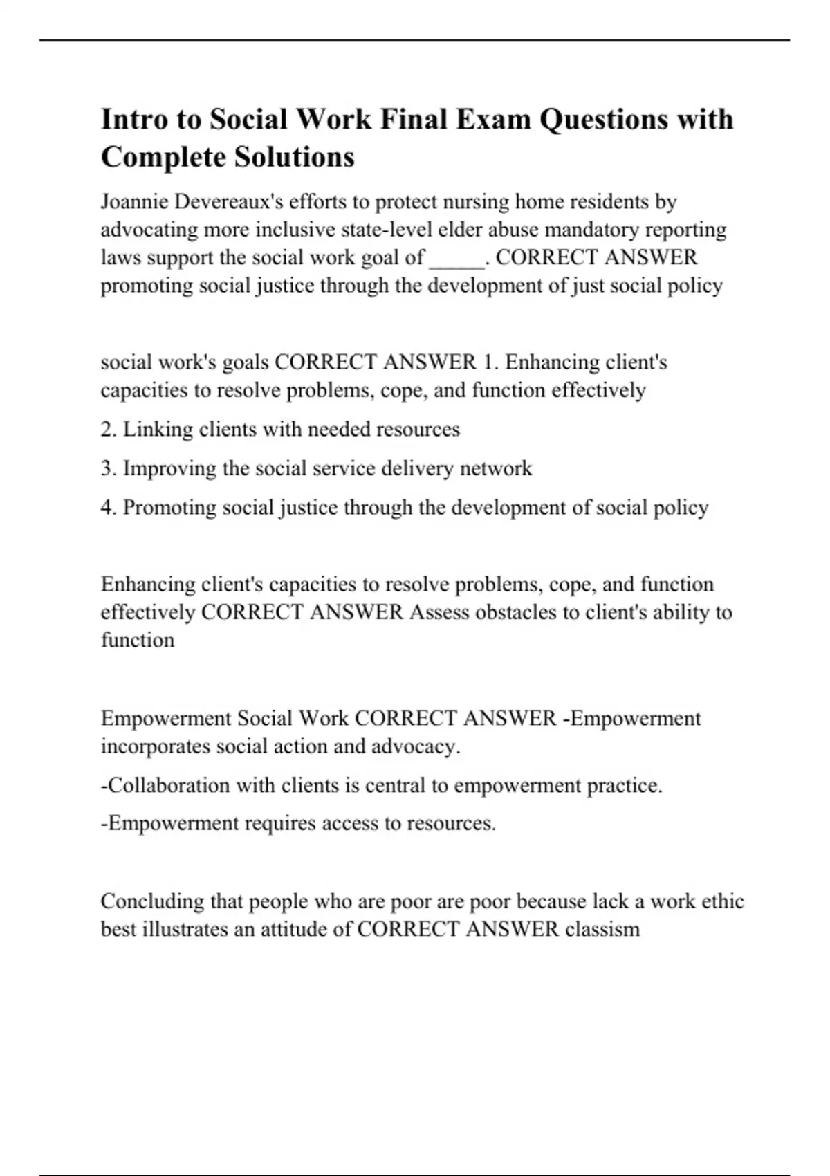 Intro to Social Work Final Exam Questions with Complete Solutions ...