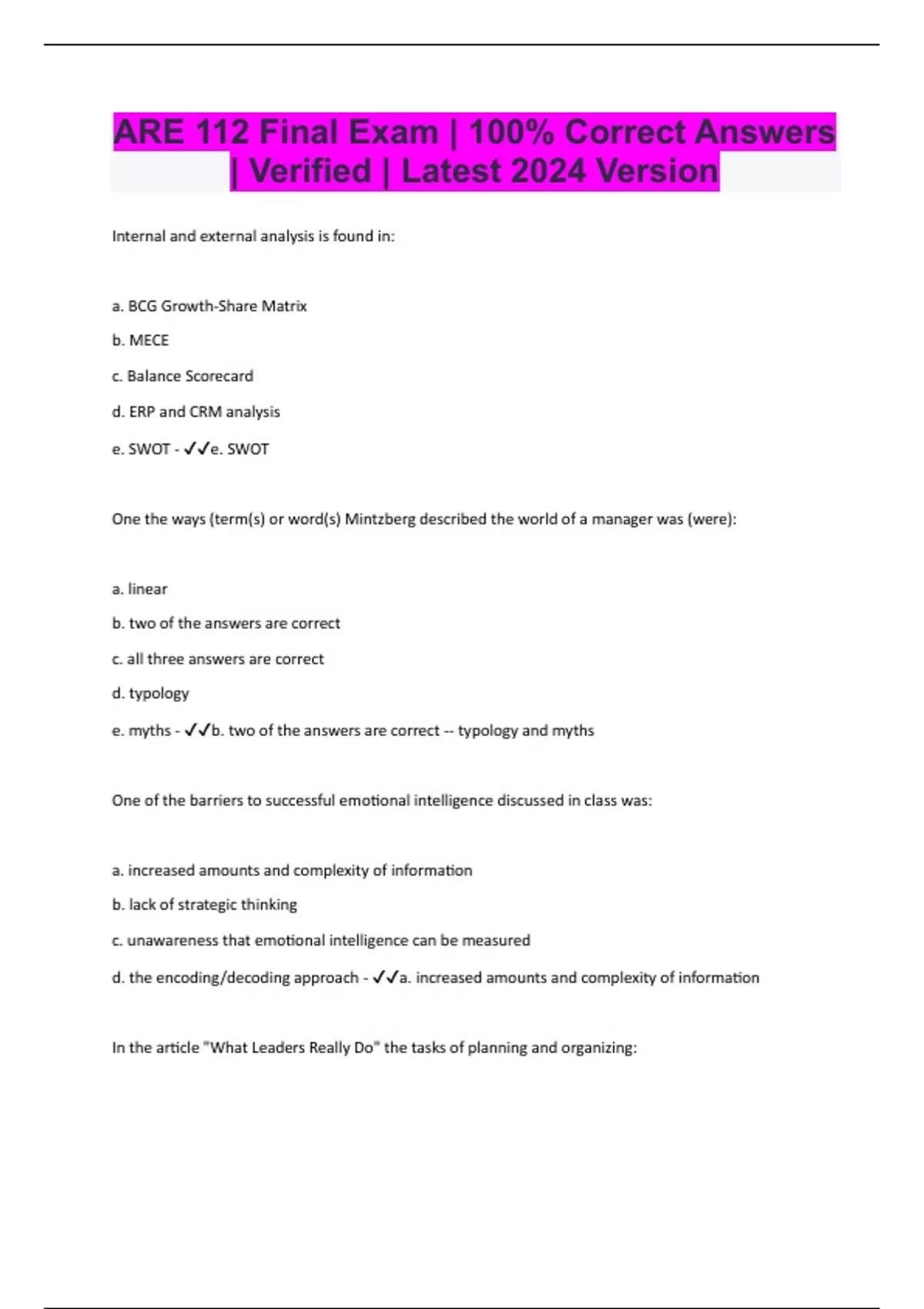 ARE 112 Final Exam | 100% Correct Answers | Verified | Latest 2024 ...