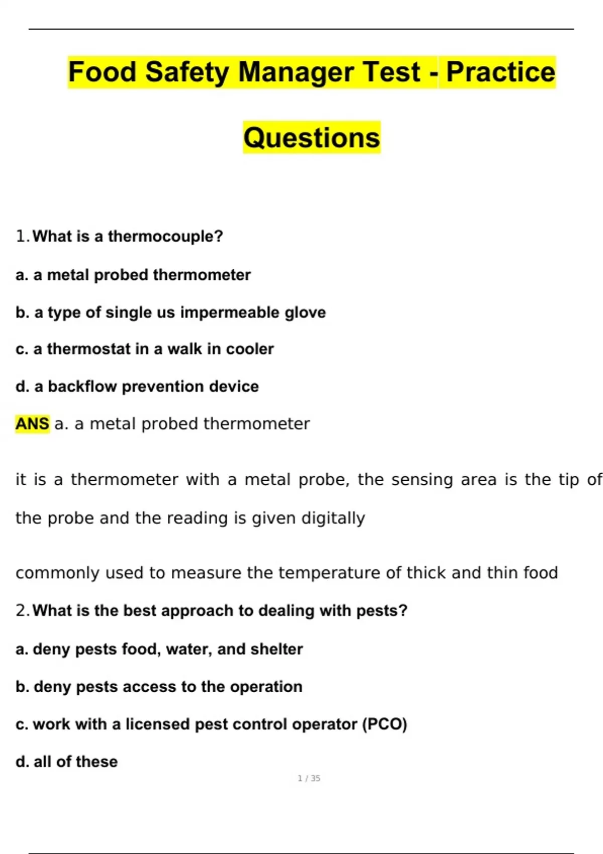 Food Safety Manager Test - Practice Exam Latest 2024 Questions and ...