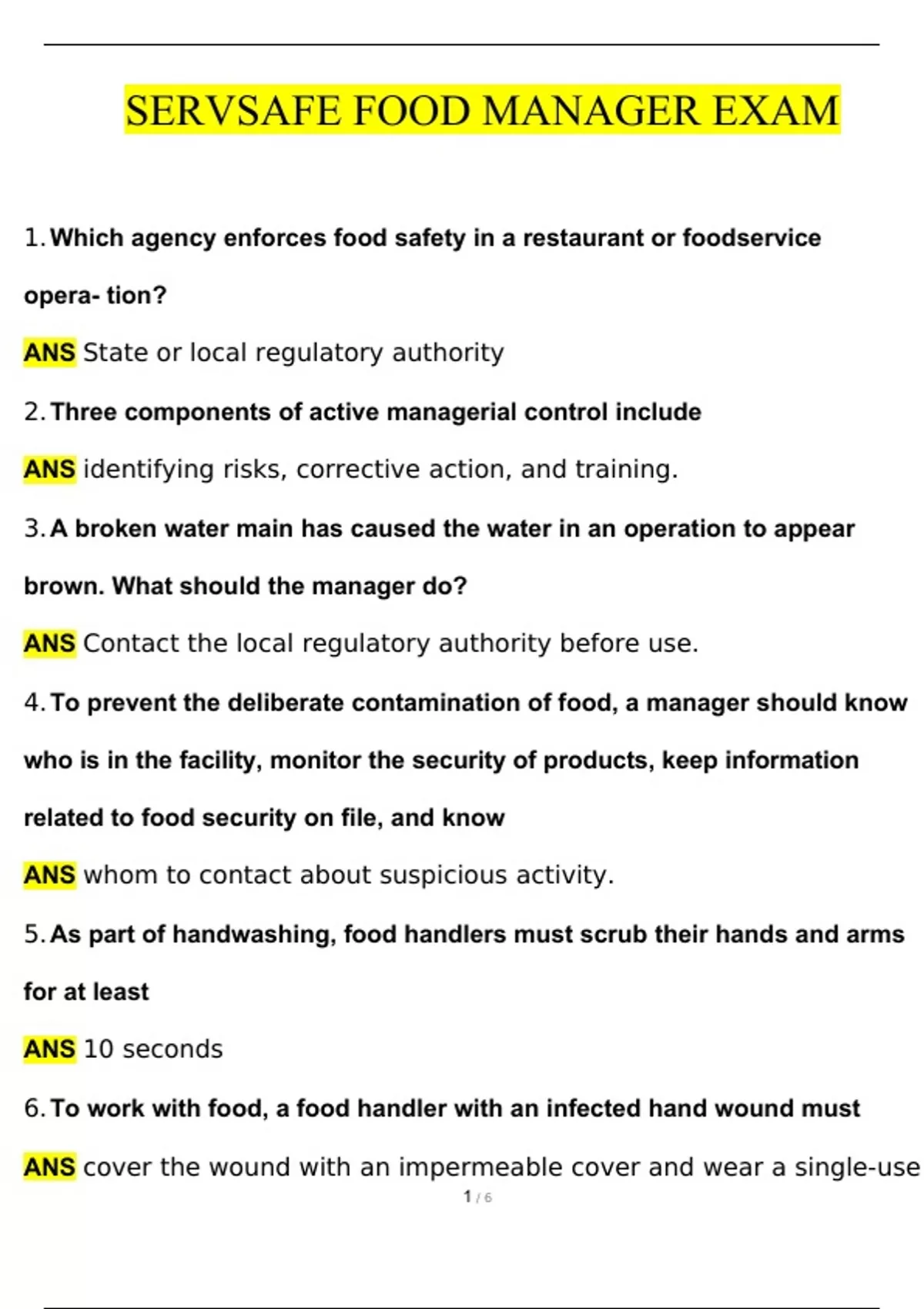 ServSafe FOOD Manager Exam Latest 2024 Questions and Verified Answers ...