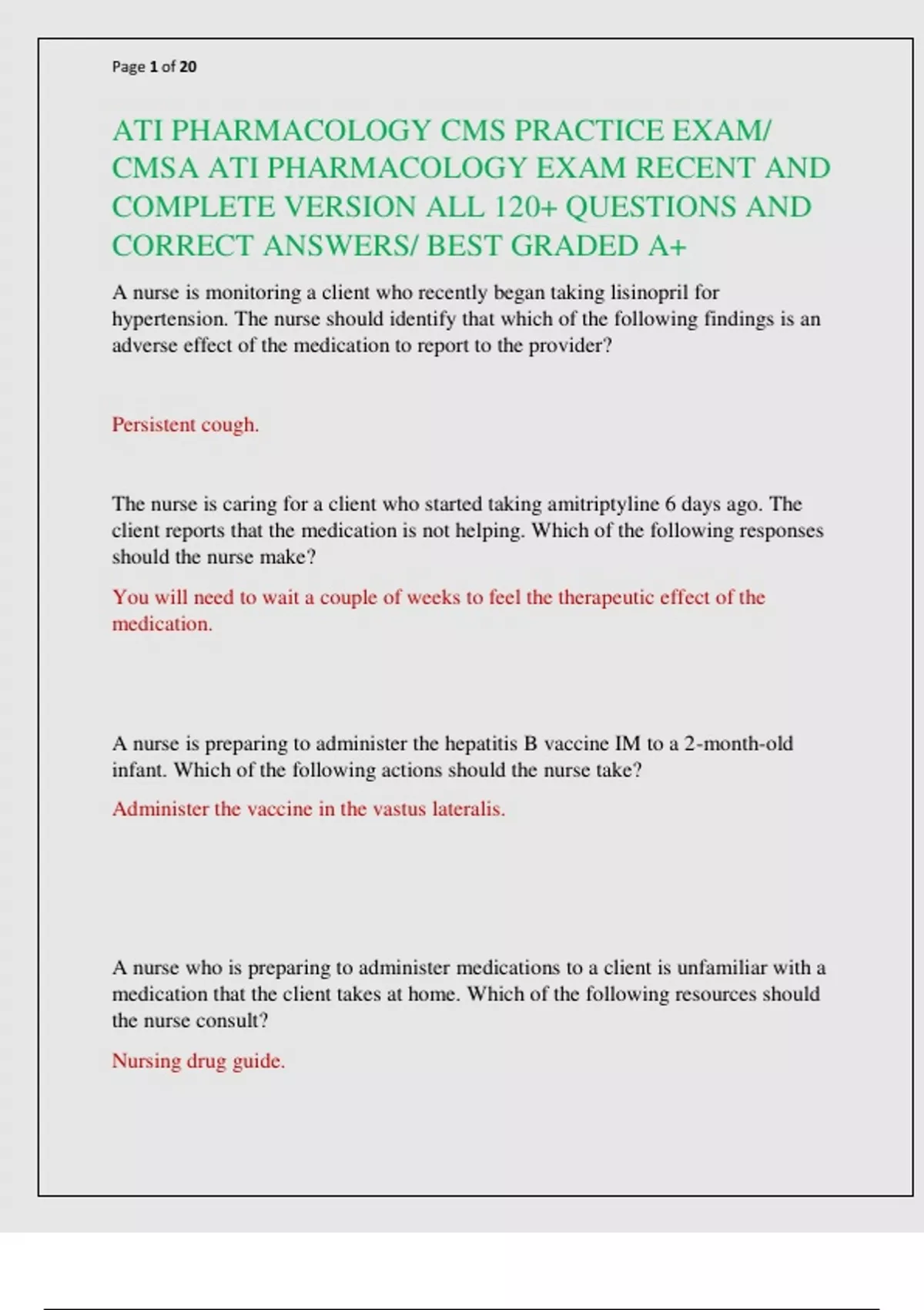 ATI PHARMACOLOGY CMS PRACTICE EXAM/ CMSA ATI PHARMACOLOGY EXAM RECENT ...