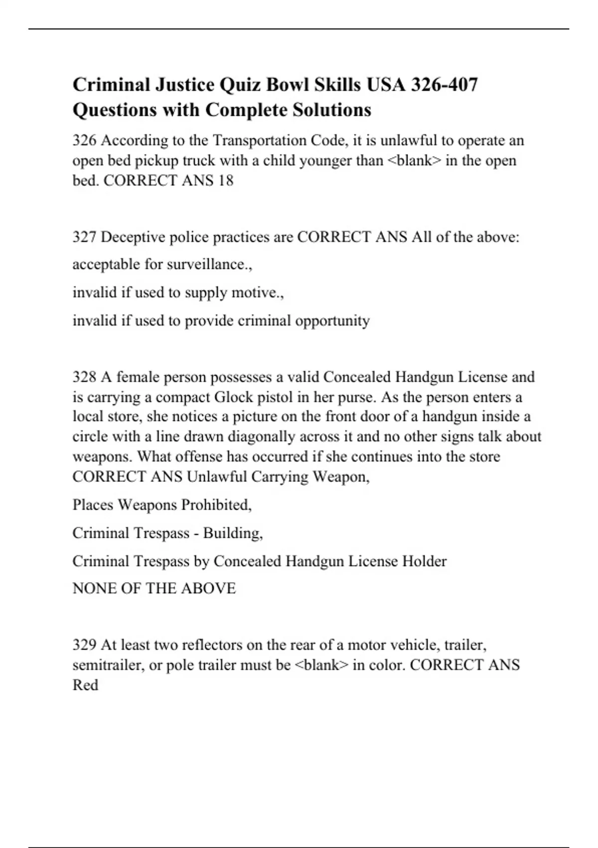 Criminal Justice Quiz Bowl Skills USA 326-407 Questions with Complete ...