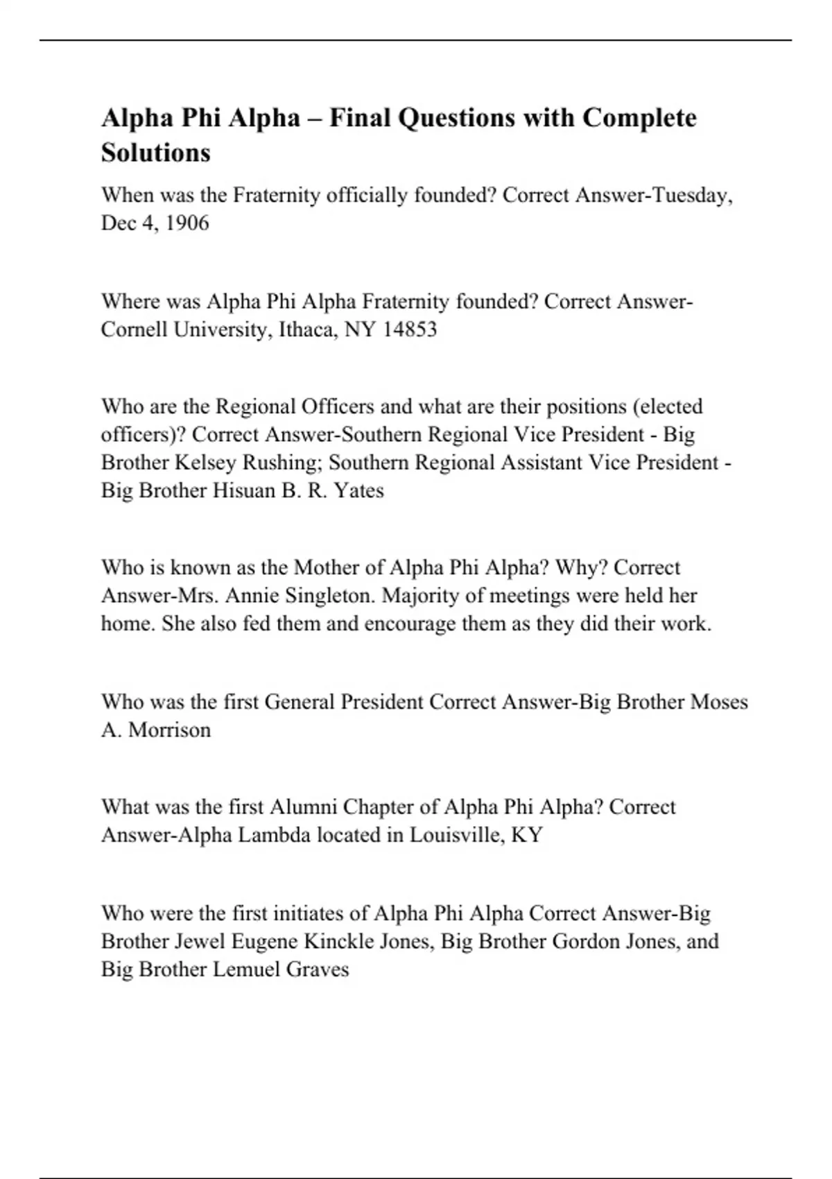 Alpha Phi Alpha – Final Questions with Complete Solutions - Alpha Phi Alpha - Stuvia US