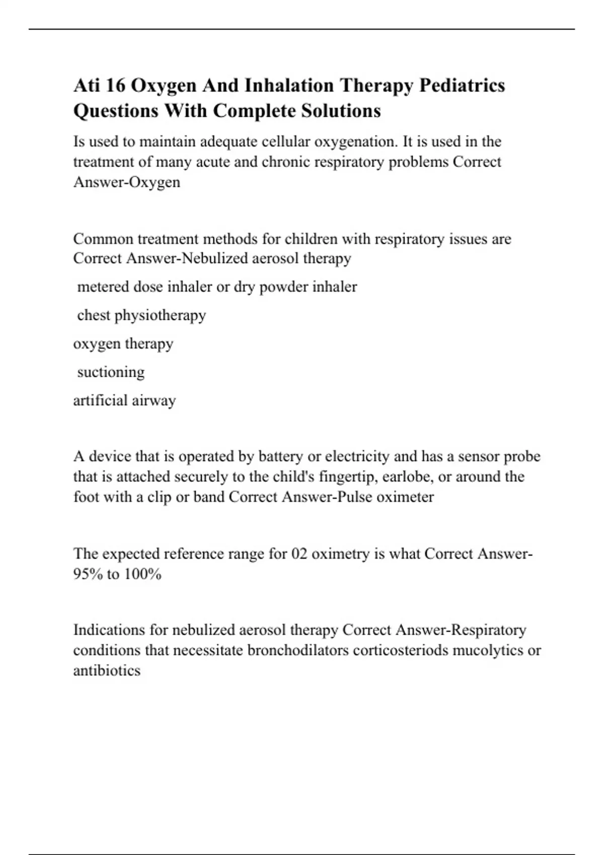 Ati 16 Oxygen And Inhalation Therapy Pediatrics Questions With Complete ...