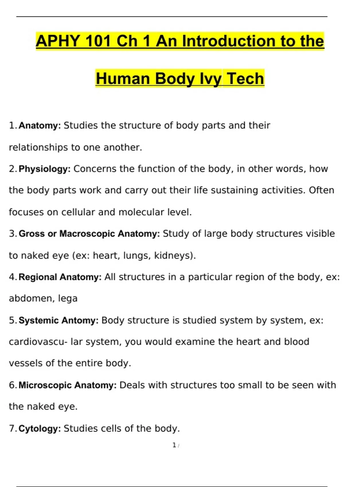 Ivy Tech APHY 101 Ch 1 An Introduction to the Human Body Questions and ...