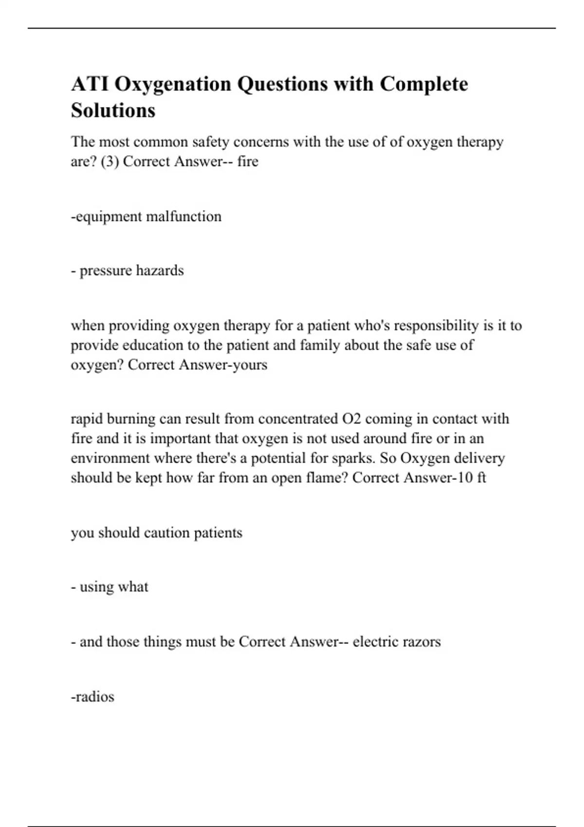 ATI Oxygenation Questions with Complete Solutions - Oxygen Therapy ...