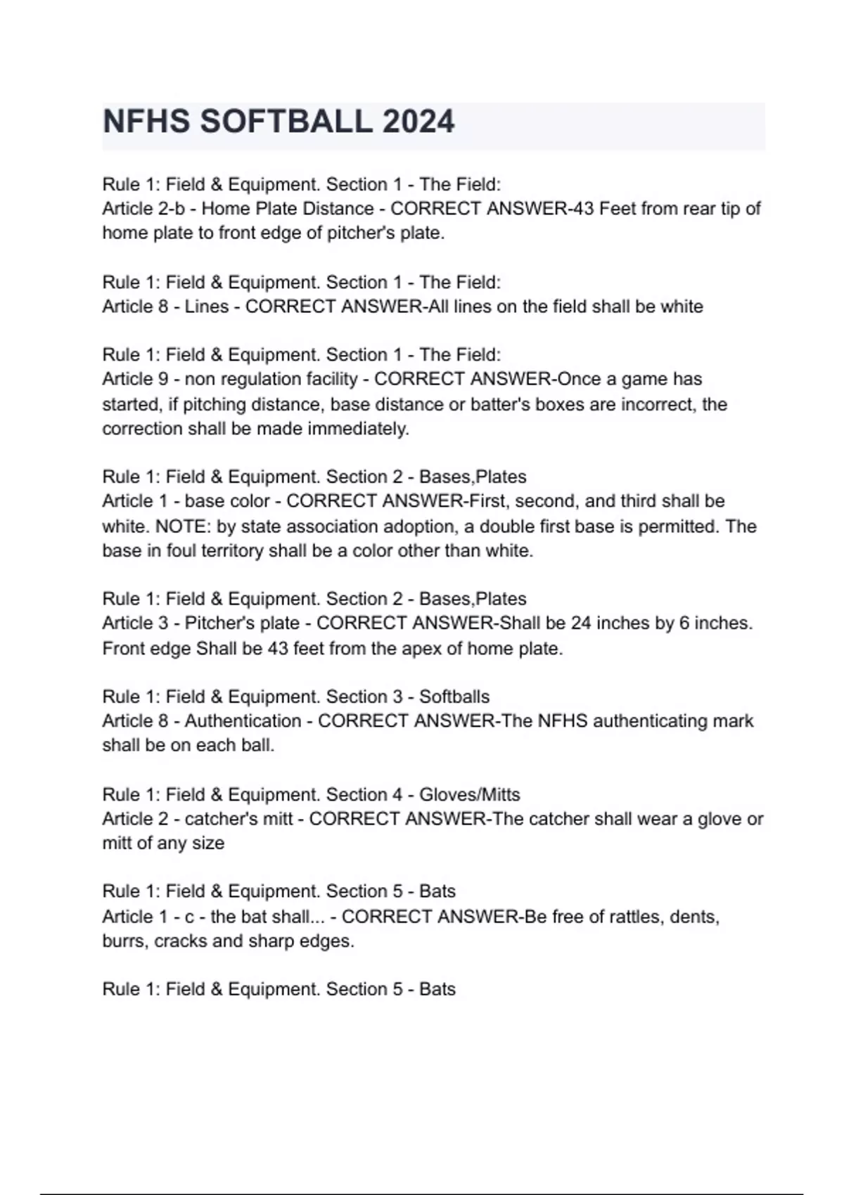 NFHS SOFTBALL 2024 WITH 100% CORRECT ANSWERS 2024 - DISTINCTION GUARANTEED - NFHS SOFent. Sect ...