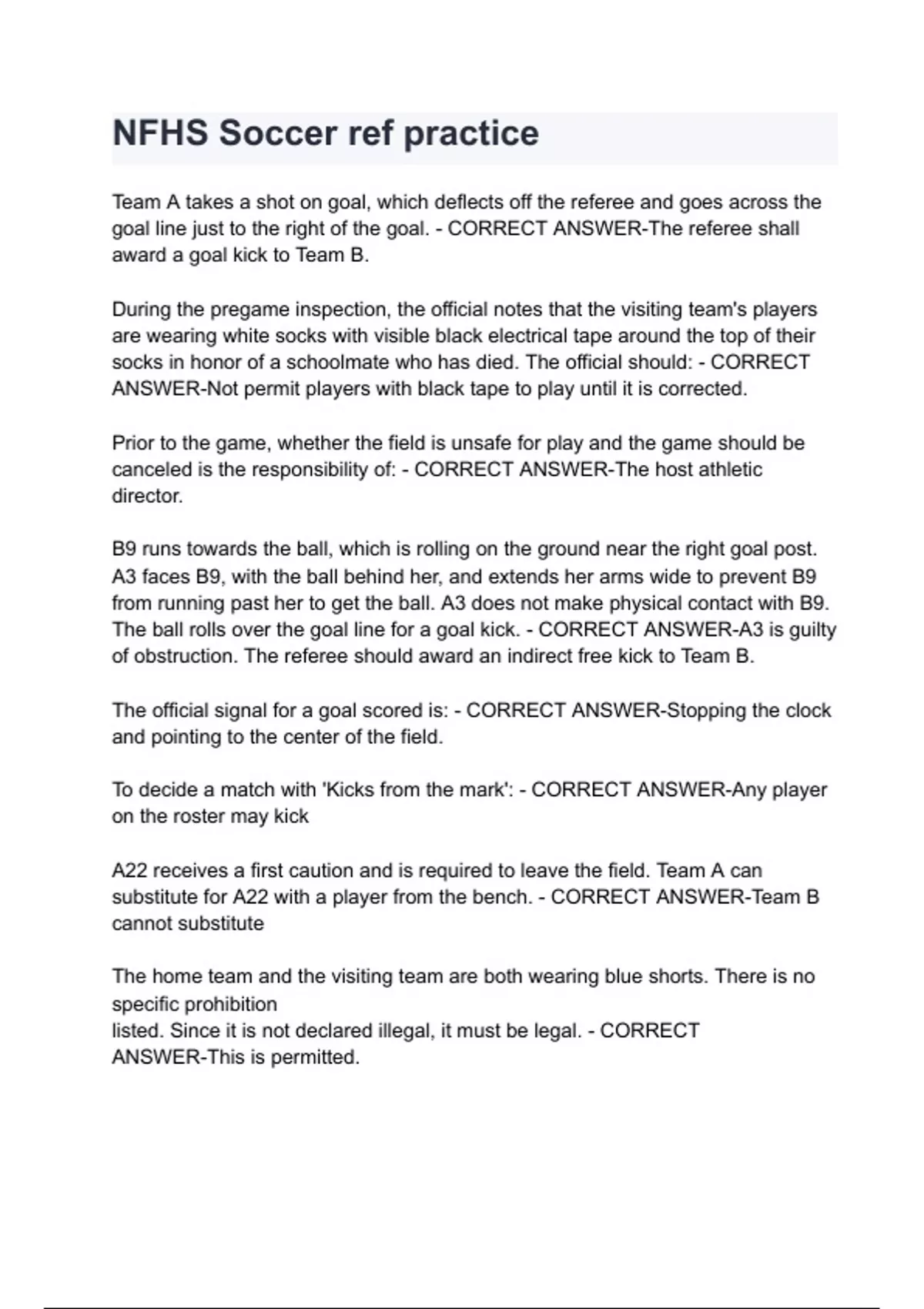 NFHS Soccer ref practice questions and verified answers (2023/ 2024 ...