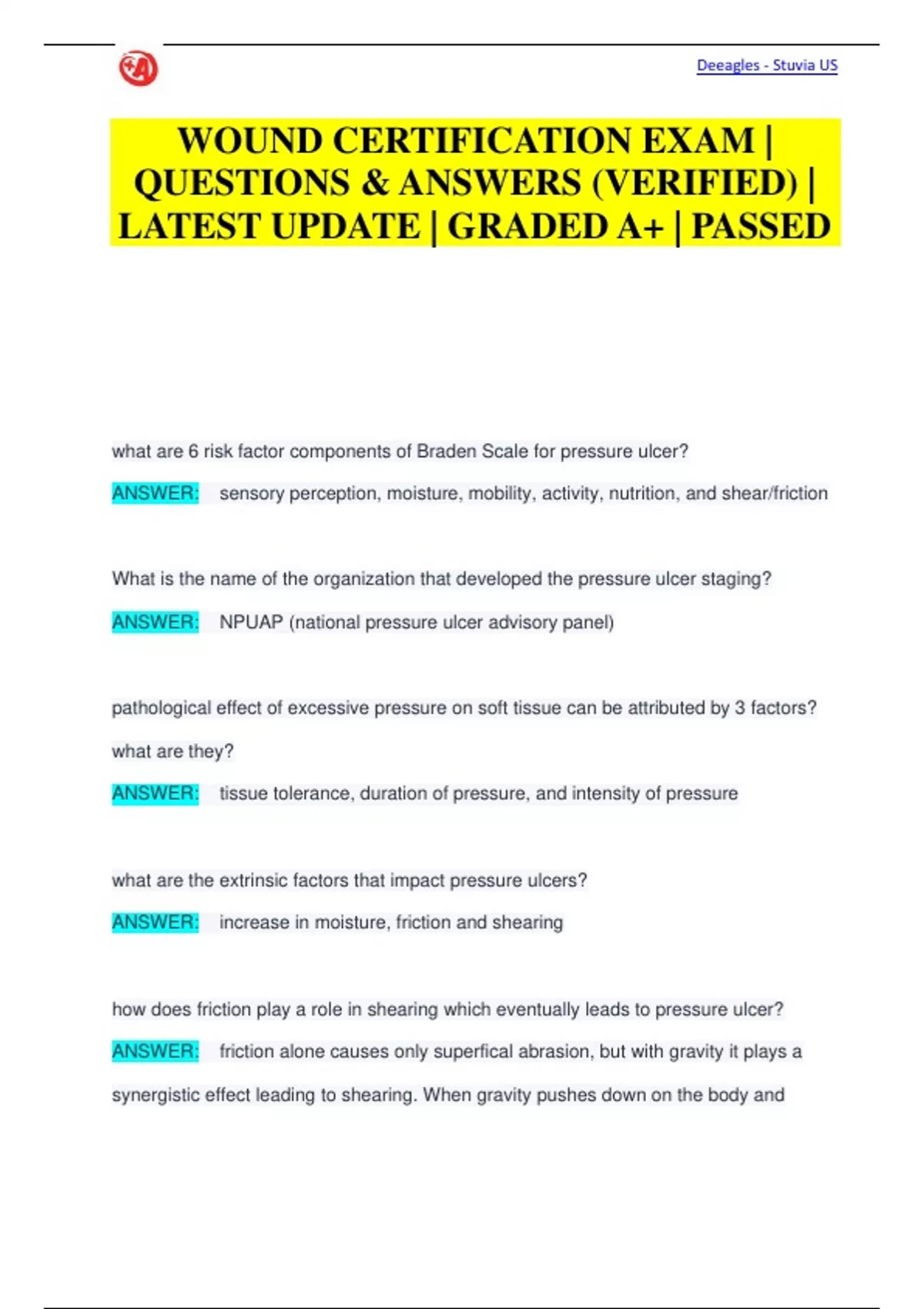 WOUND CERTIFICATION EXAM | QUESTIONS & ANSWERS (VERIFIED) | LATEST ...