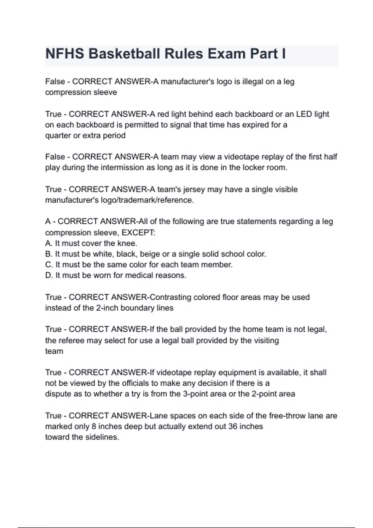 NFHS Basketball Rules Exam Part I (Answered) With Complete Verified ...