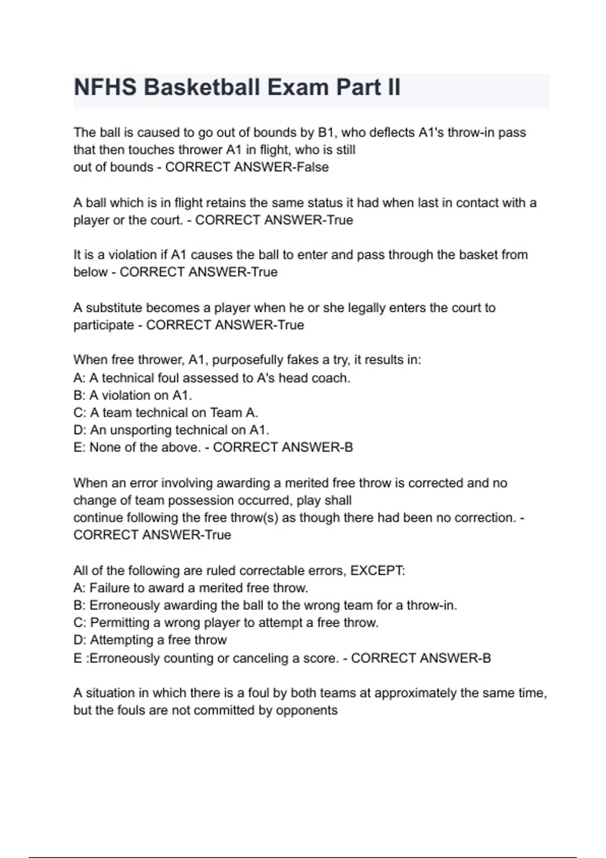 NFHS Basketball Exam Part II (Answered) With Complete Verified Solution ...