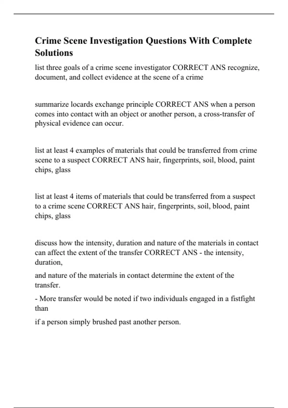 Crime Scene Investigation Questions With Complete Solution1 - Crime ...