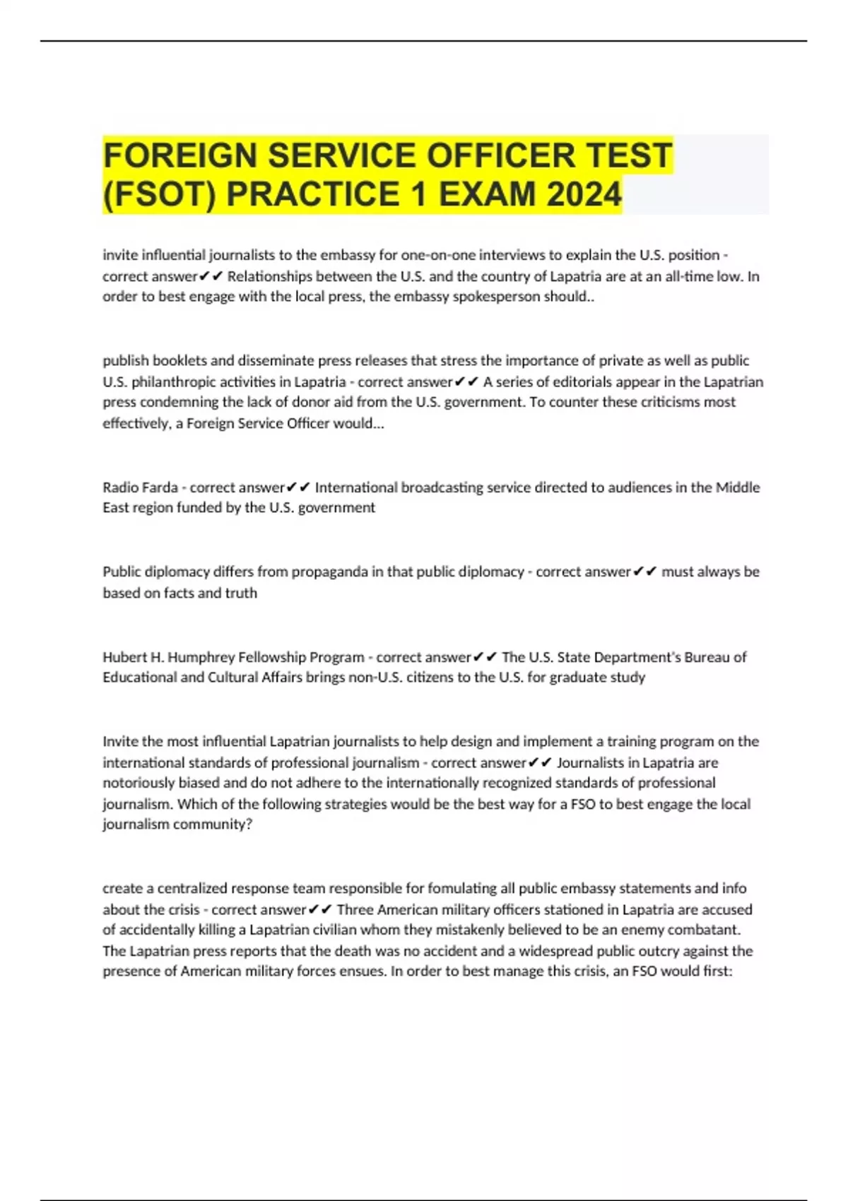 FOREIGN SERVICE OFFICER TEST (FSOT) PRACTICE 1 EXAM 2024 - FOREIGN ...