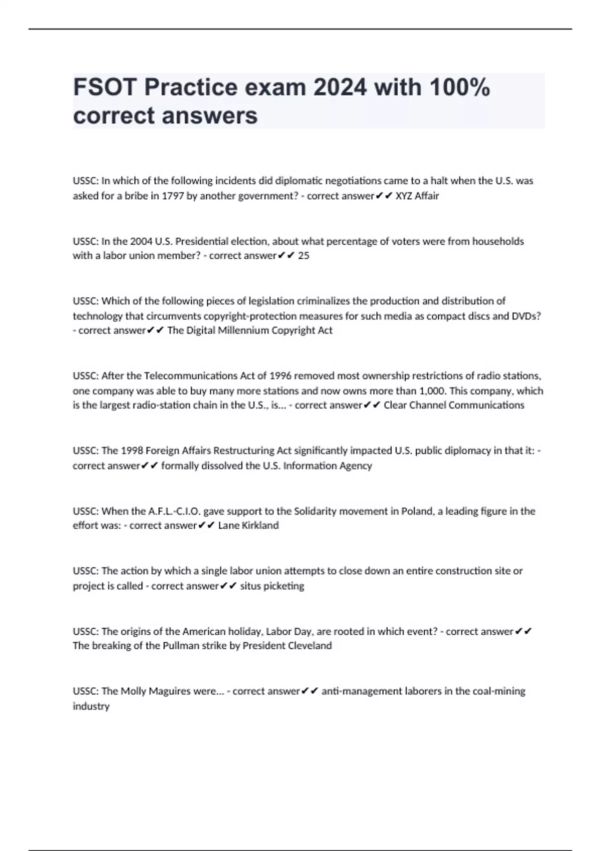 FSOT Practice exam 2024 with 100% correct answers - FSOT - Stuvia US