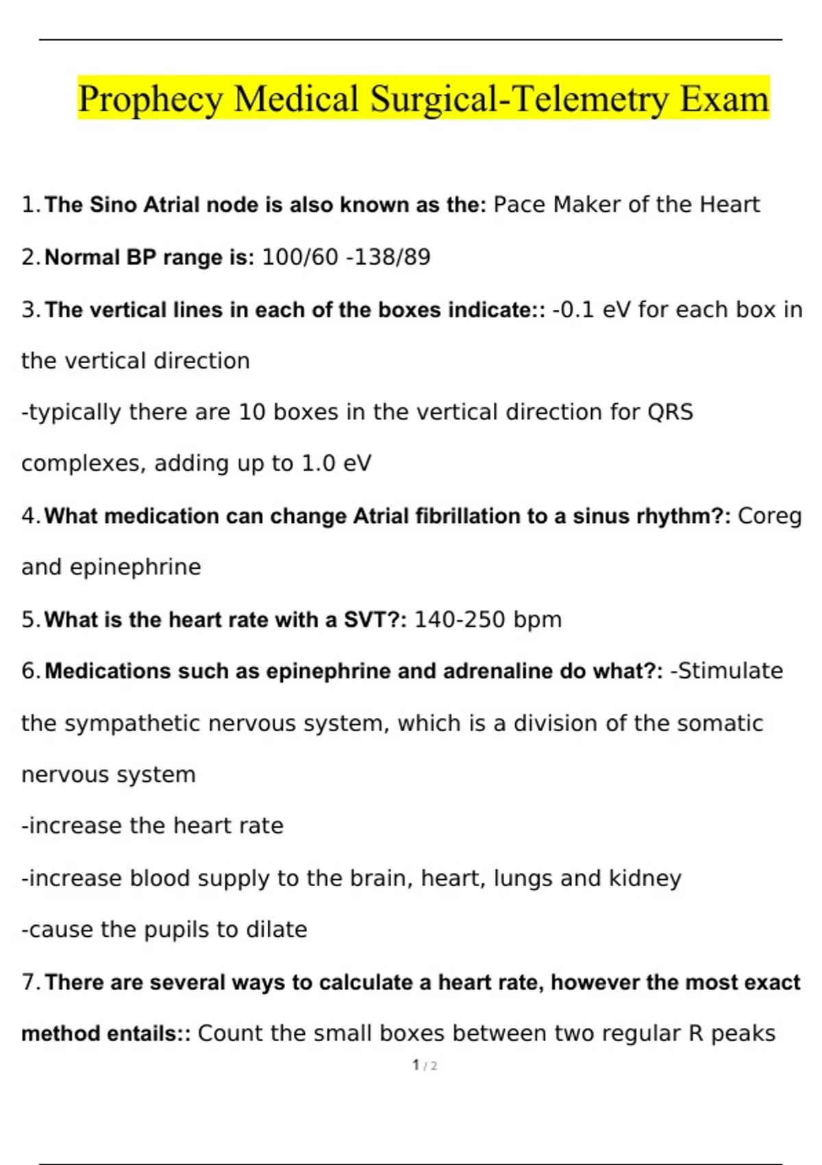 Prophecy Medical Surgical-Telemetry Exam Questions and Verified Answers ...