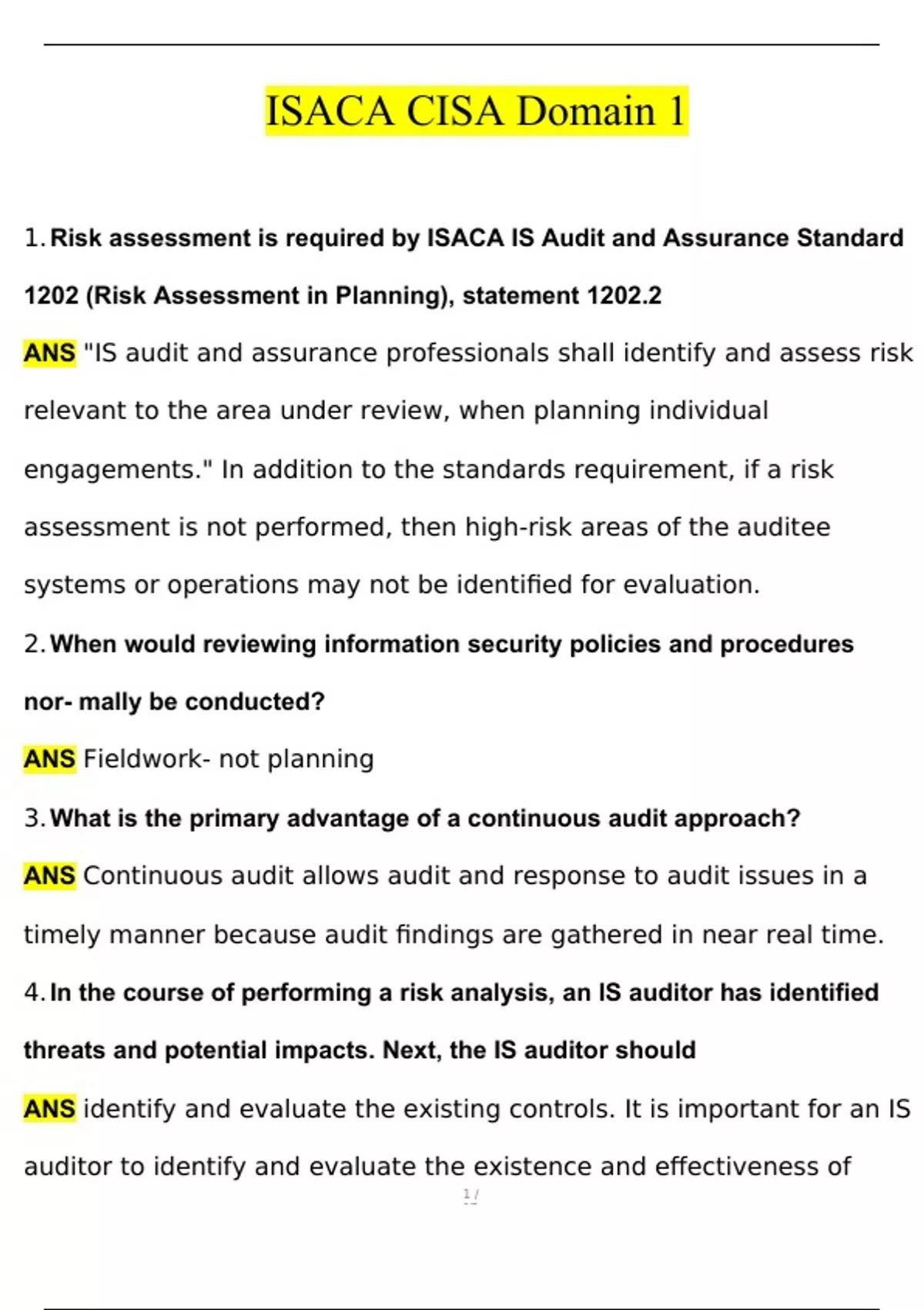 Isaca Cisa Domain 1 Questions And Verified Answers 2024 2025 A