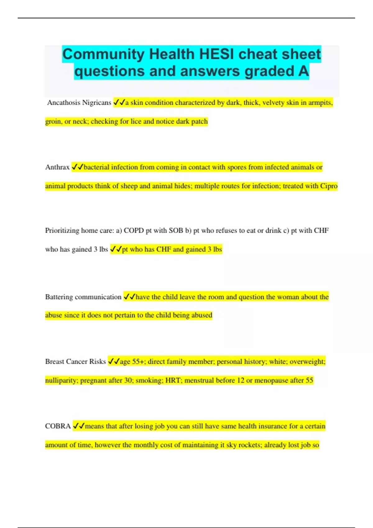 Community Health HESI cheat sheet questions and answers graded A ...