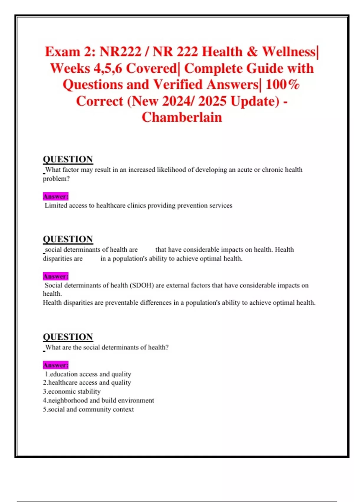 Exam 2: NR222 / NR 222 Health & Wellness| Weeks 4,5,6 Covered| Complete Guide with Questions and ...