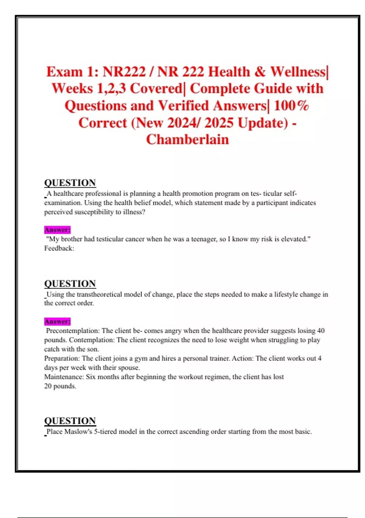 Exam 1: NR222 / NR 222 Health & Wellness| Weeks 1,2,3 Covered| Complete Guide with Questions and ...