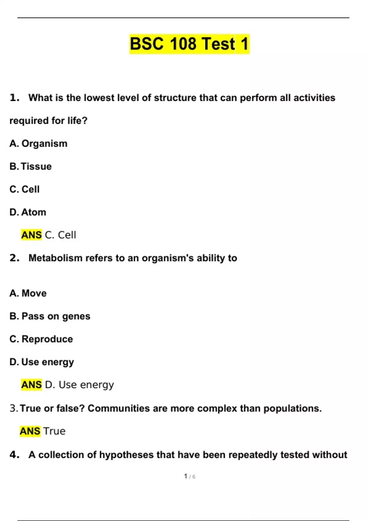 BSC 108 Test 1 Questions and Verified Answers (2024 / 2025)/ A+ GRADE ...