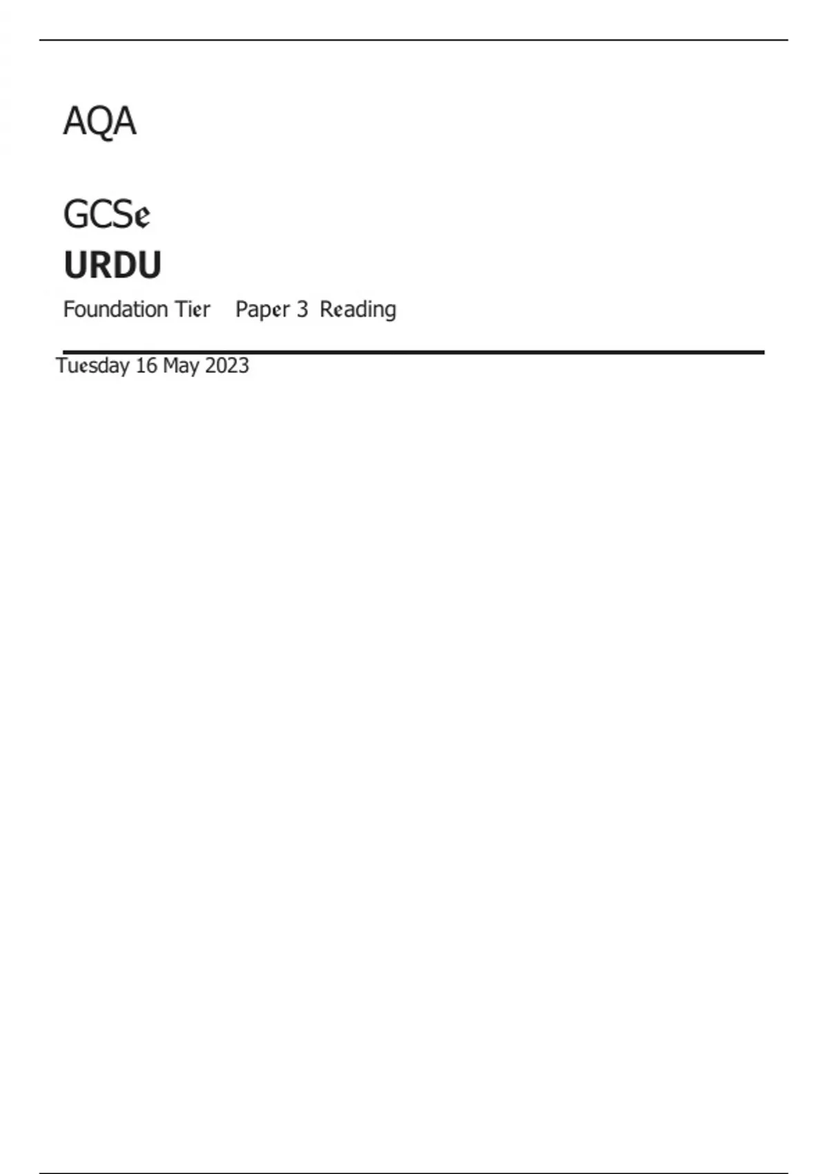 AQA GCSE URDU Foundation Tier Paper 3 Reading Tuesday 16 May 2023 - AQA ...