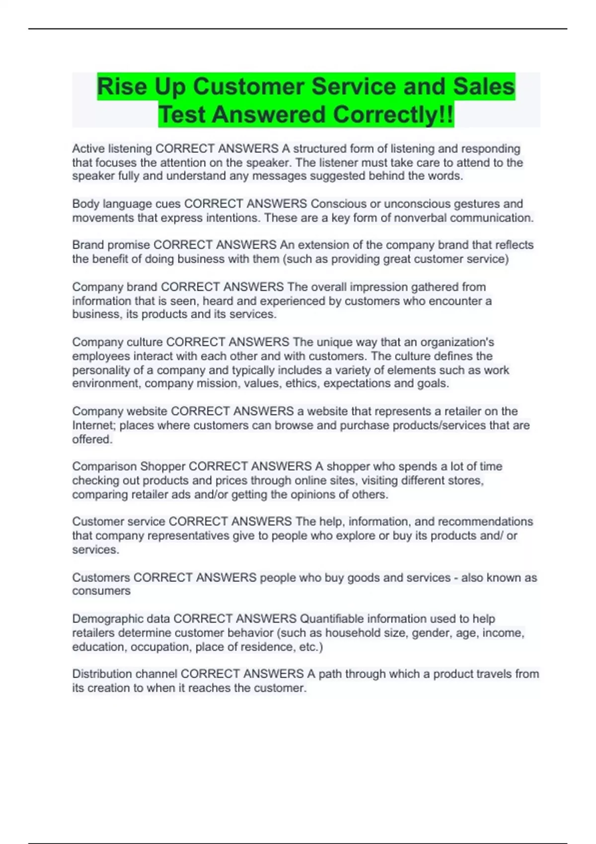 Rise Up Customer Service and Sales Test Answered Correctly!! - Rise up ...